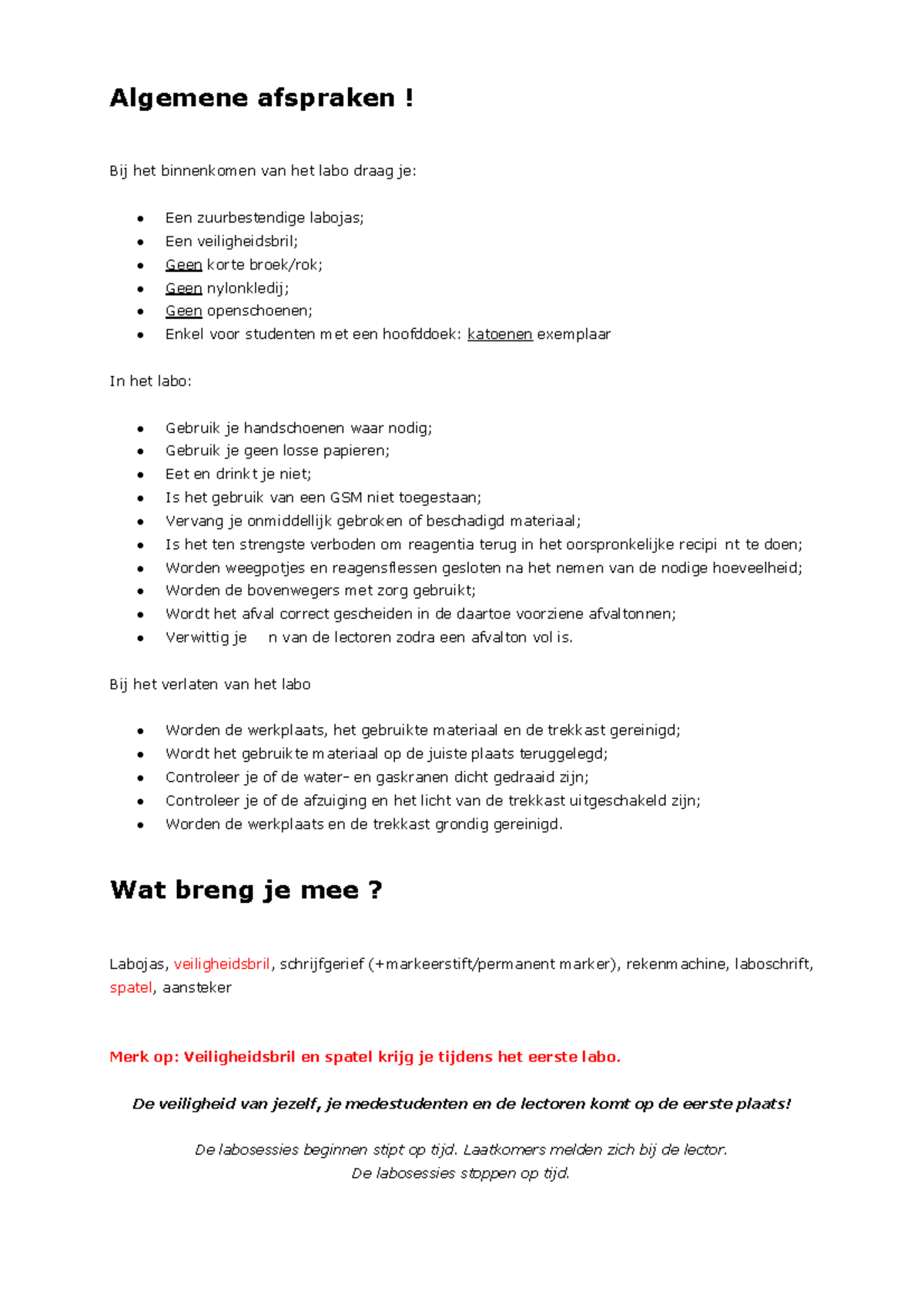Algemene Afspraken en Benodigdheden voor het Laboratorium (LAB101 ...