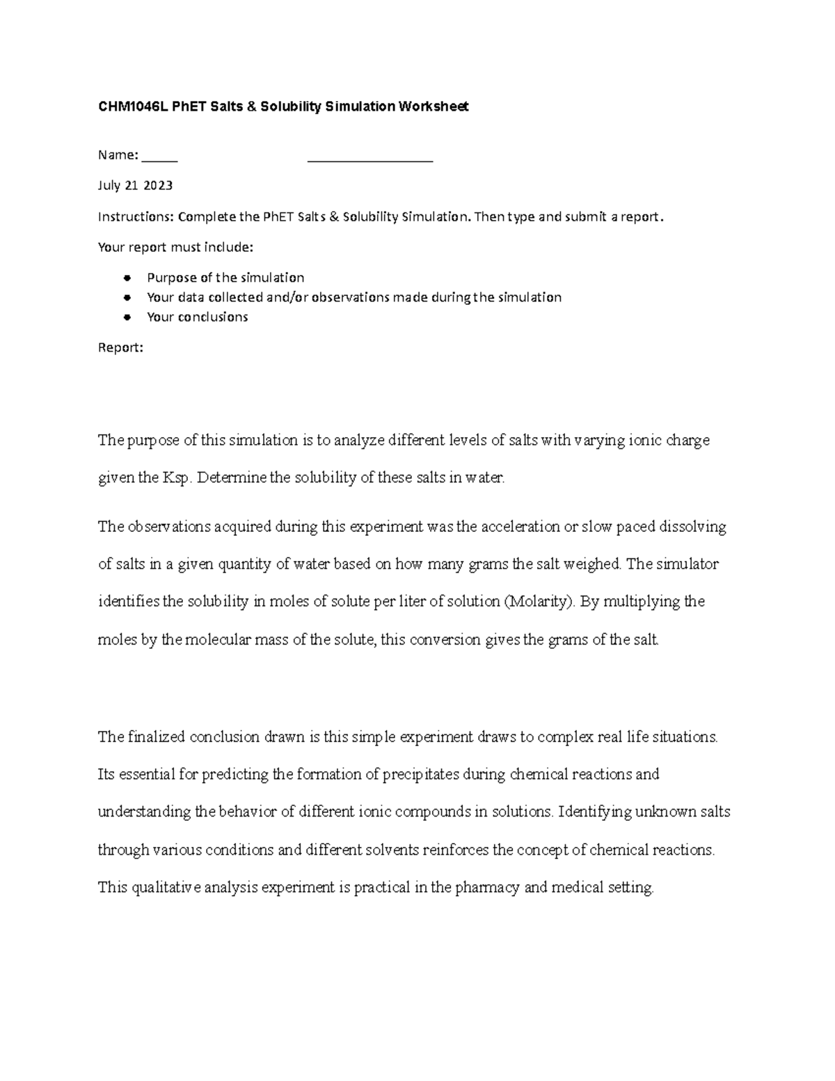 CHM1046L PhET Salts & Solubility Simulation Worksheet Report - Studocu