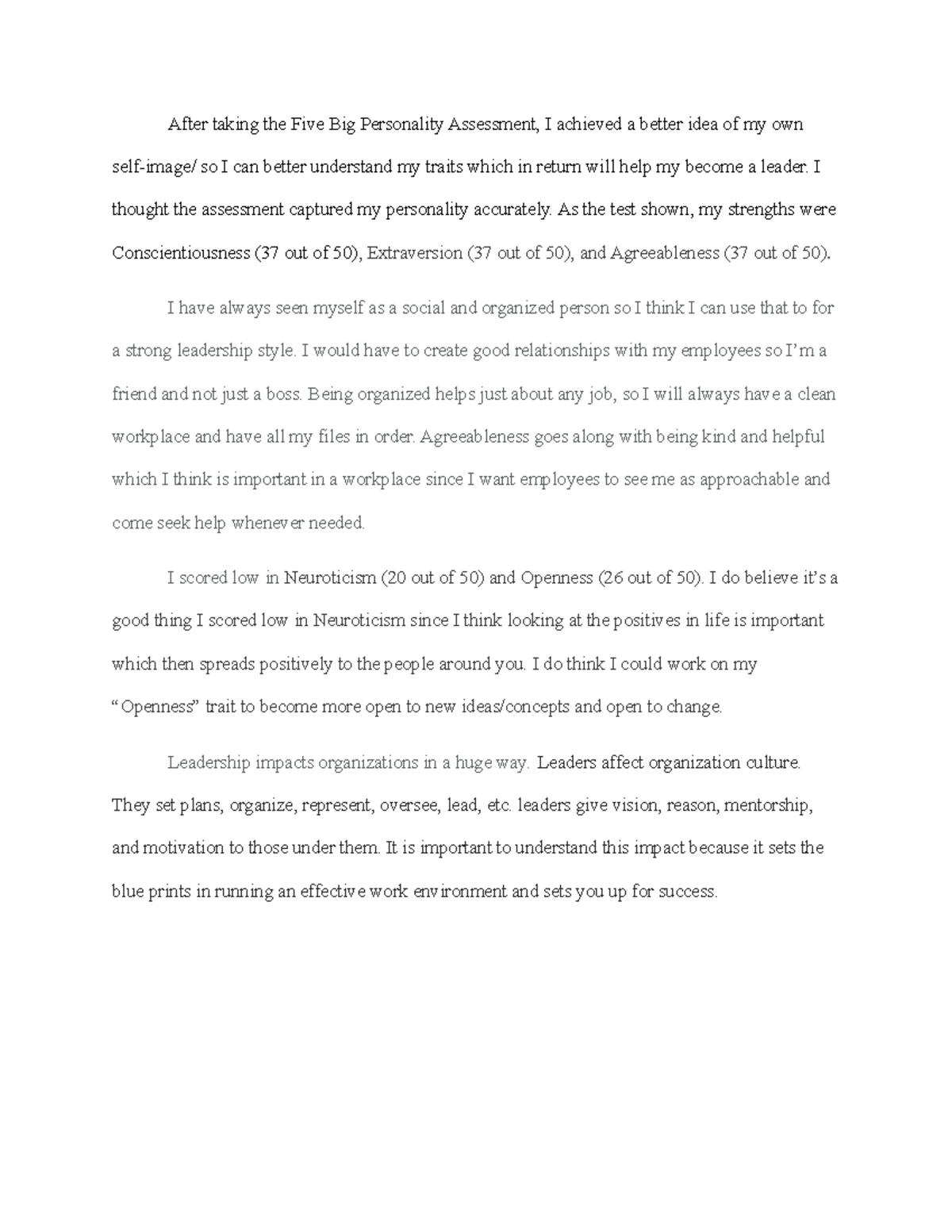 BUS-210 Module 1 Journal - After taking the Five Big Personality ...