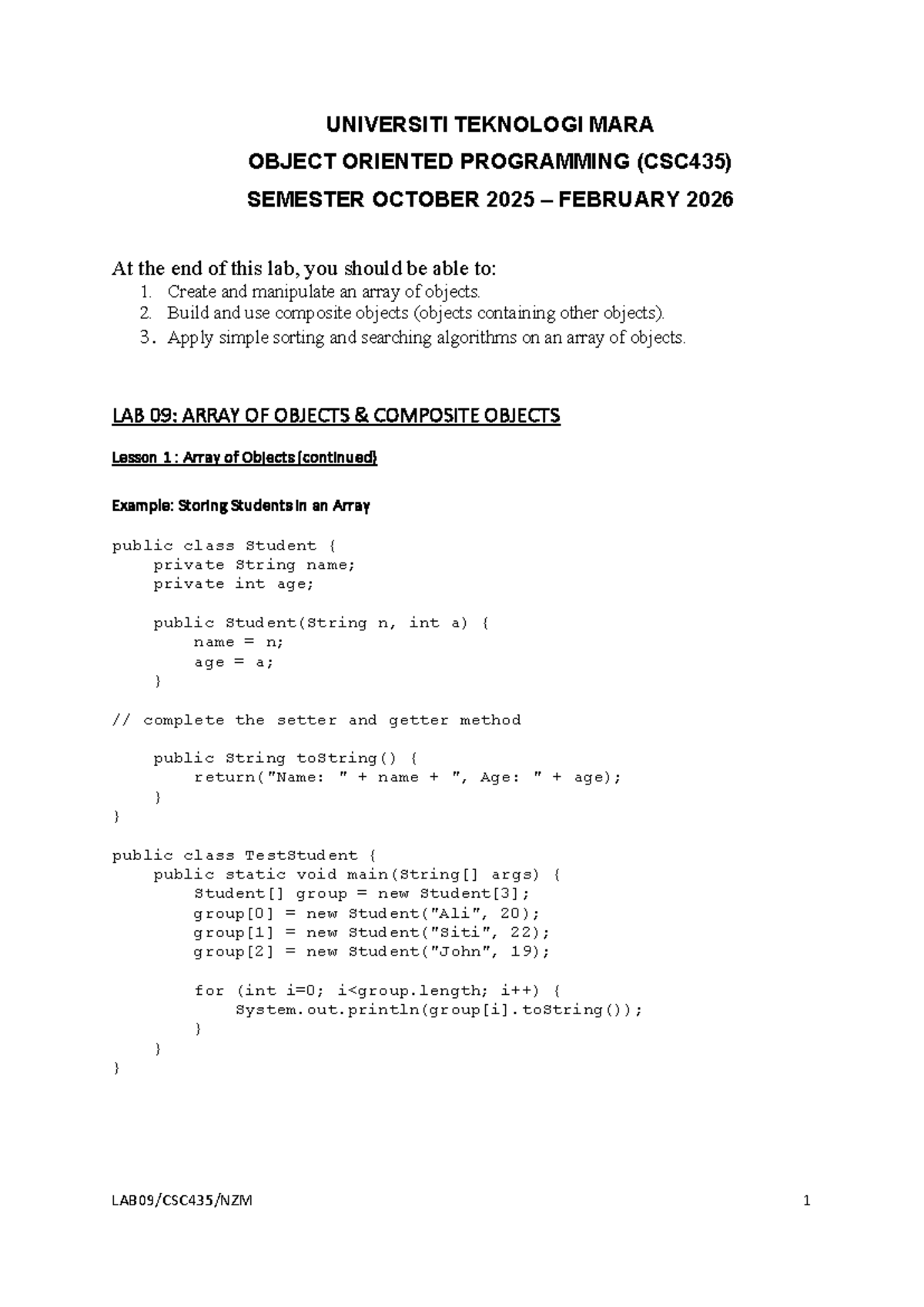 CSC435 LAB 09: Array & Composite Objects Activities - Studocu