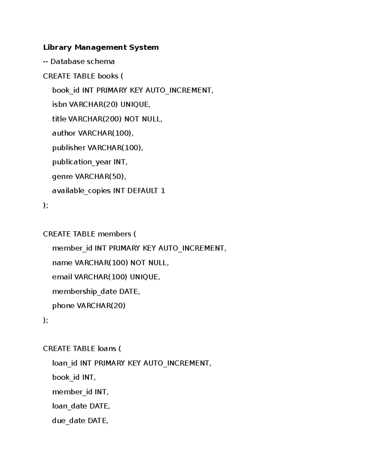 Library Management System SQL Schema Overview - Studocu