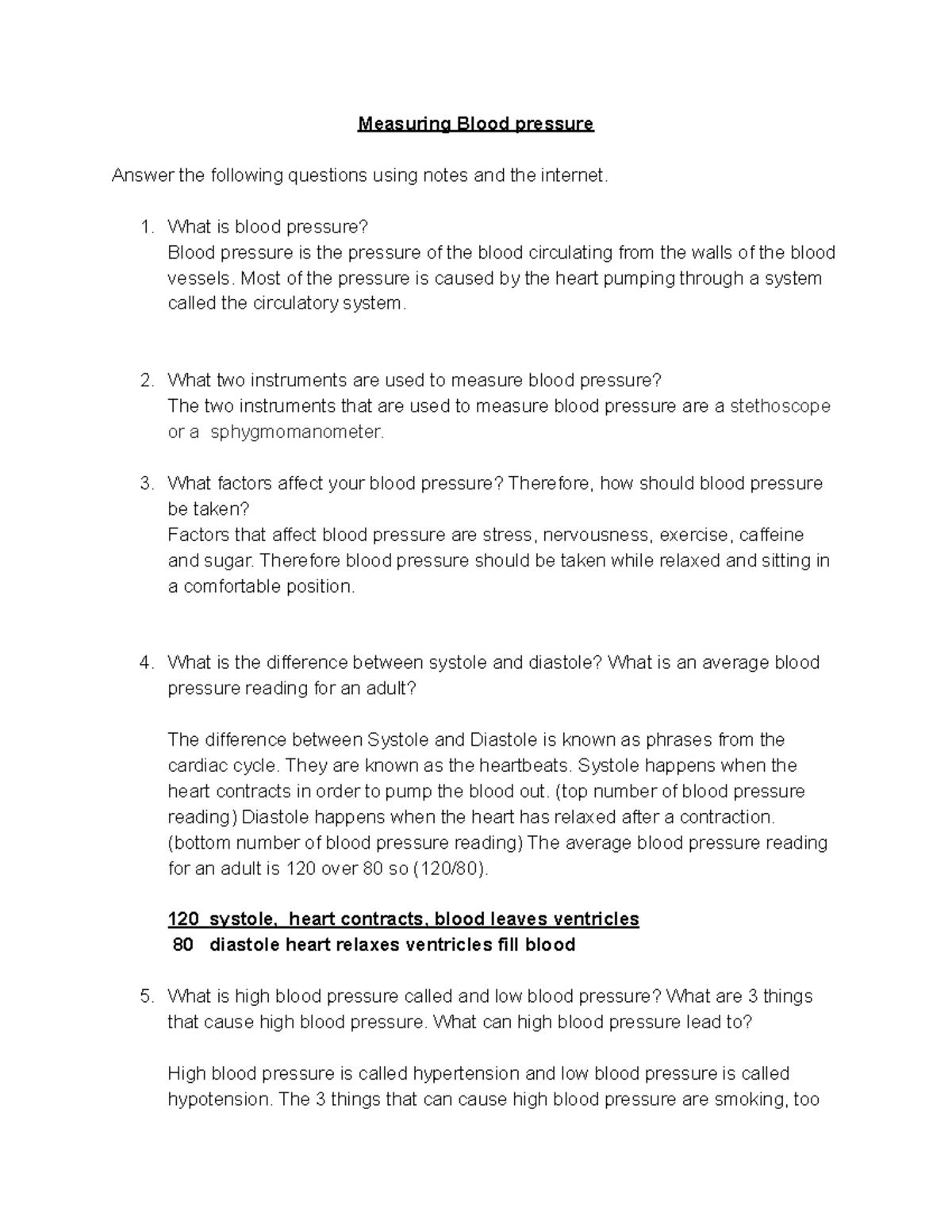 Blood pressure answers - Measuring Blood pressure Answer the following ...