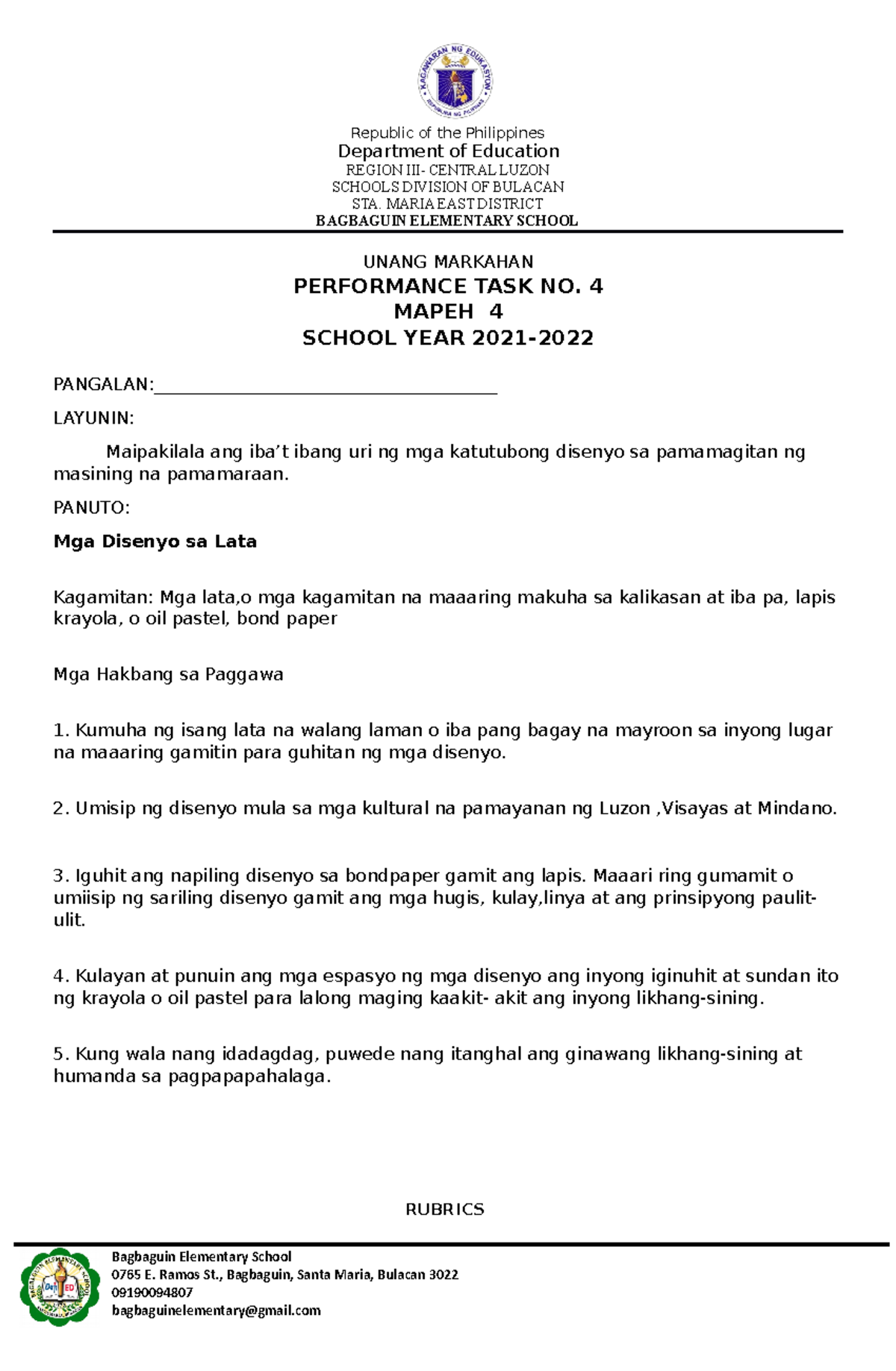 Q1 MAPEH 4 Performance Task Guide by Cristine Cay - Studocu