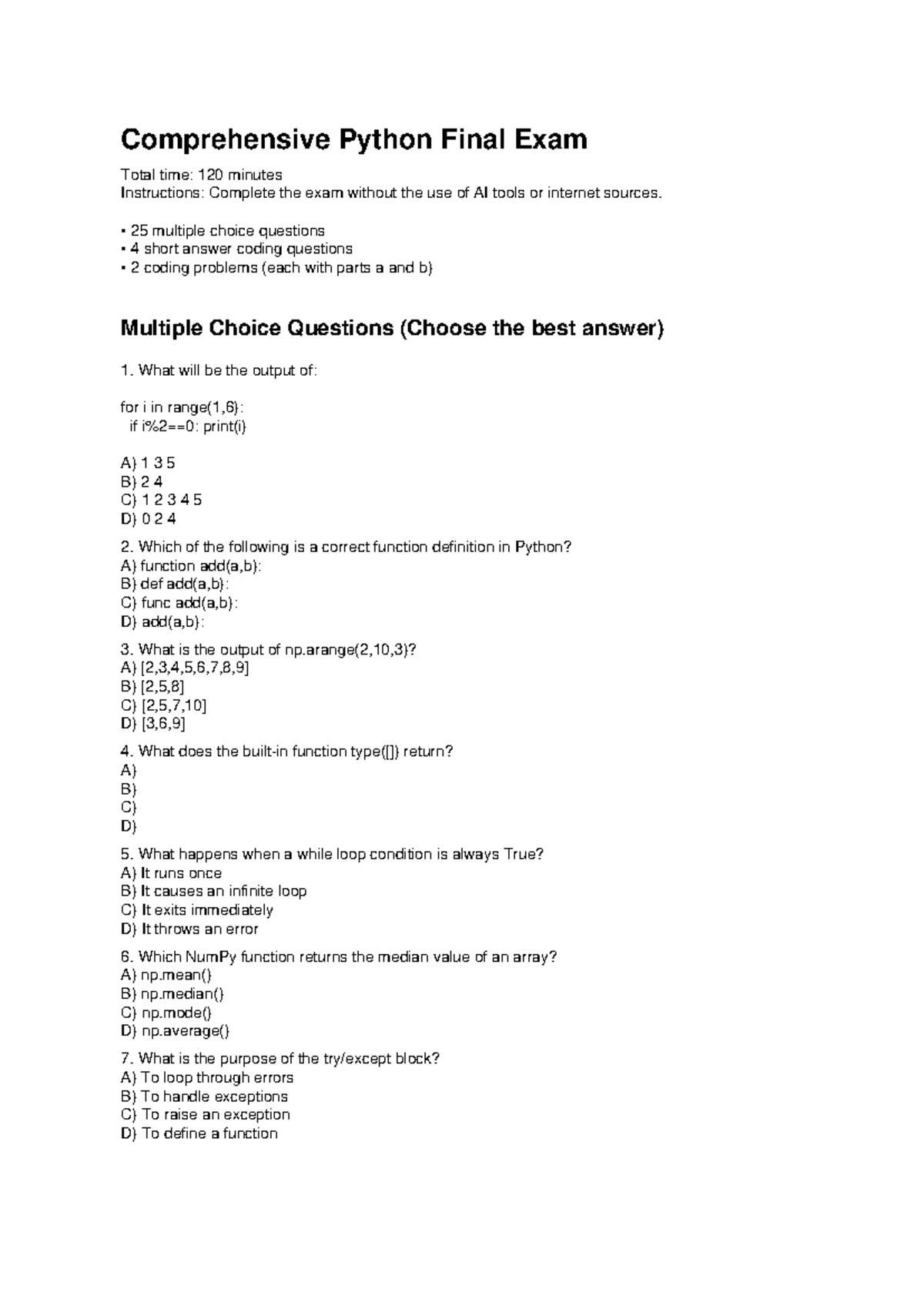 Comprehensive Python Final Exam (Course Code: PY101) - Studocu