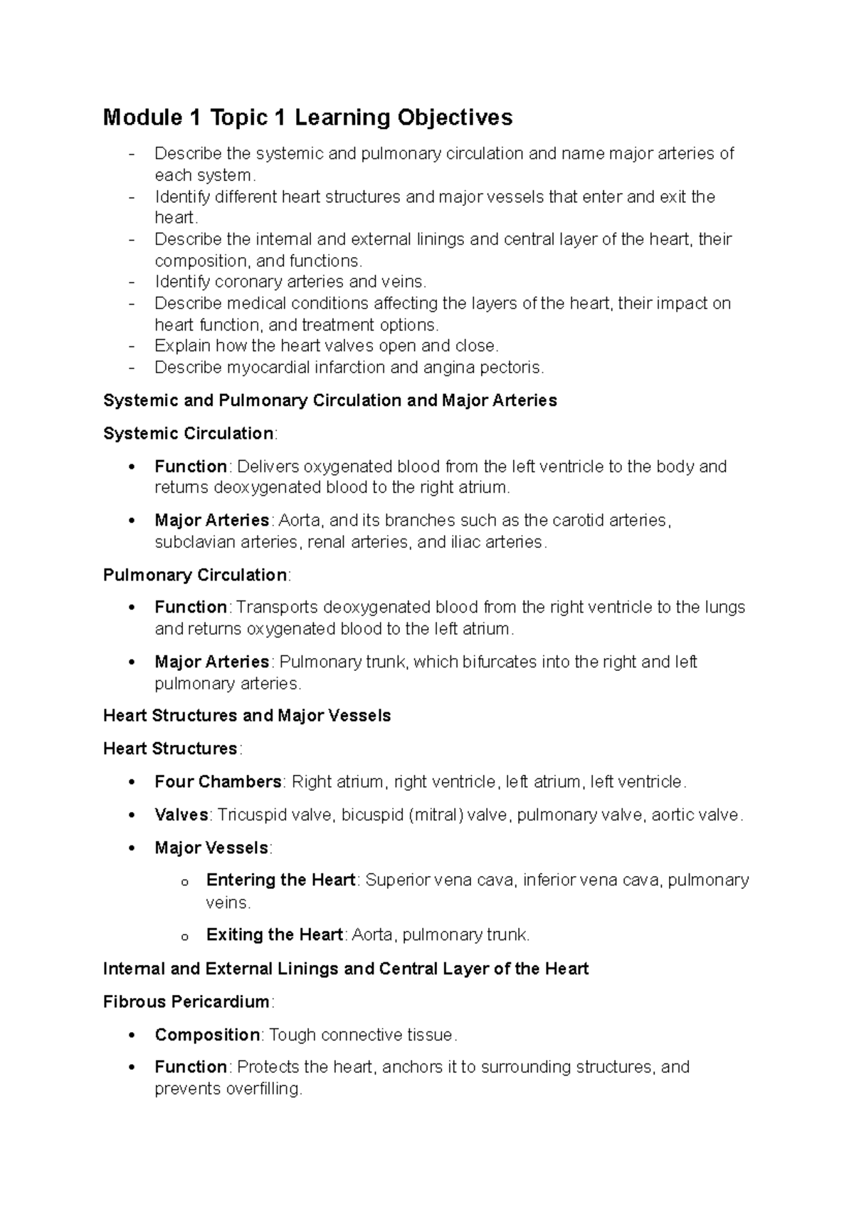 Module 1 Topic 1: Heart Circulation, Structures, and Conditions - Studocu