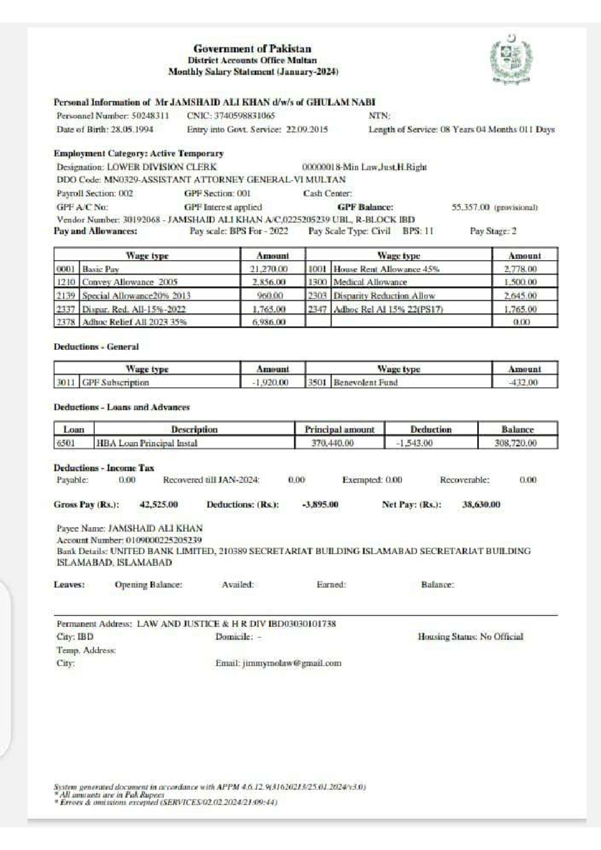 Salary Slip - Government of Pakistan - January 2024 (Admn-IV) - Studocu