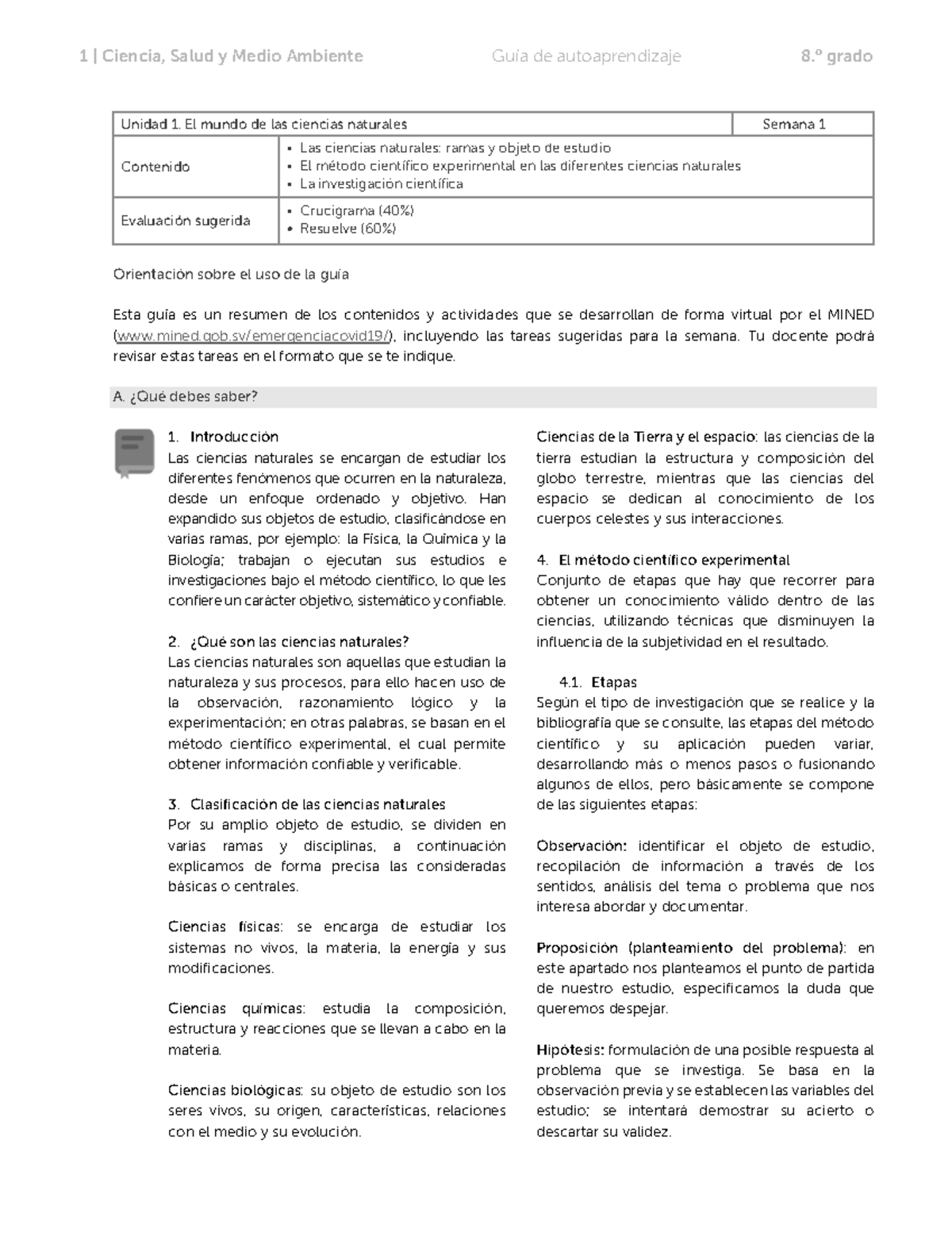 Guía de Autoaprendizaje de Ciencias Naturales 8vo Grado S1 - Studocu