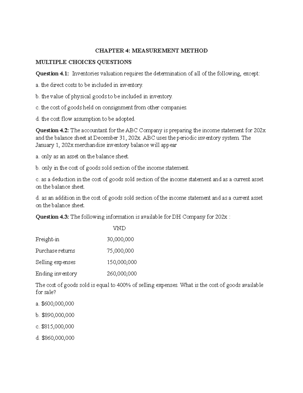 Chapter 4-MCQ Problems - CHAPTER 4: MEASUREMENT METHOD MULTIPLE CHOICES ...