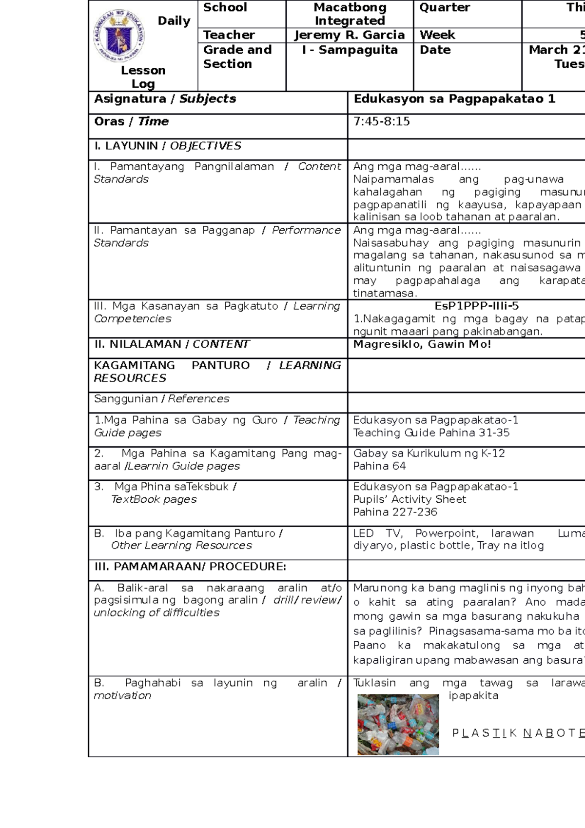 LP-ESP - Week 5 Lesson Plan on Environmental Awareness and Recycling ...