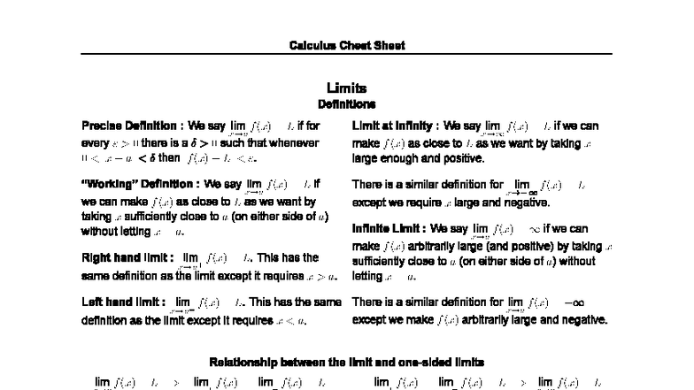 Calculus Cheat Sheet: Limits, Integrals, and Evaluation Techniques - Studocu