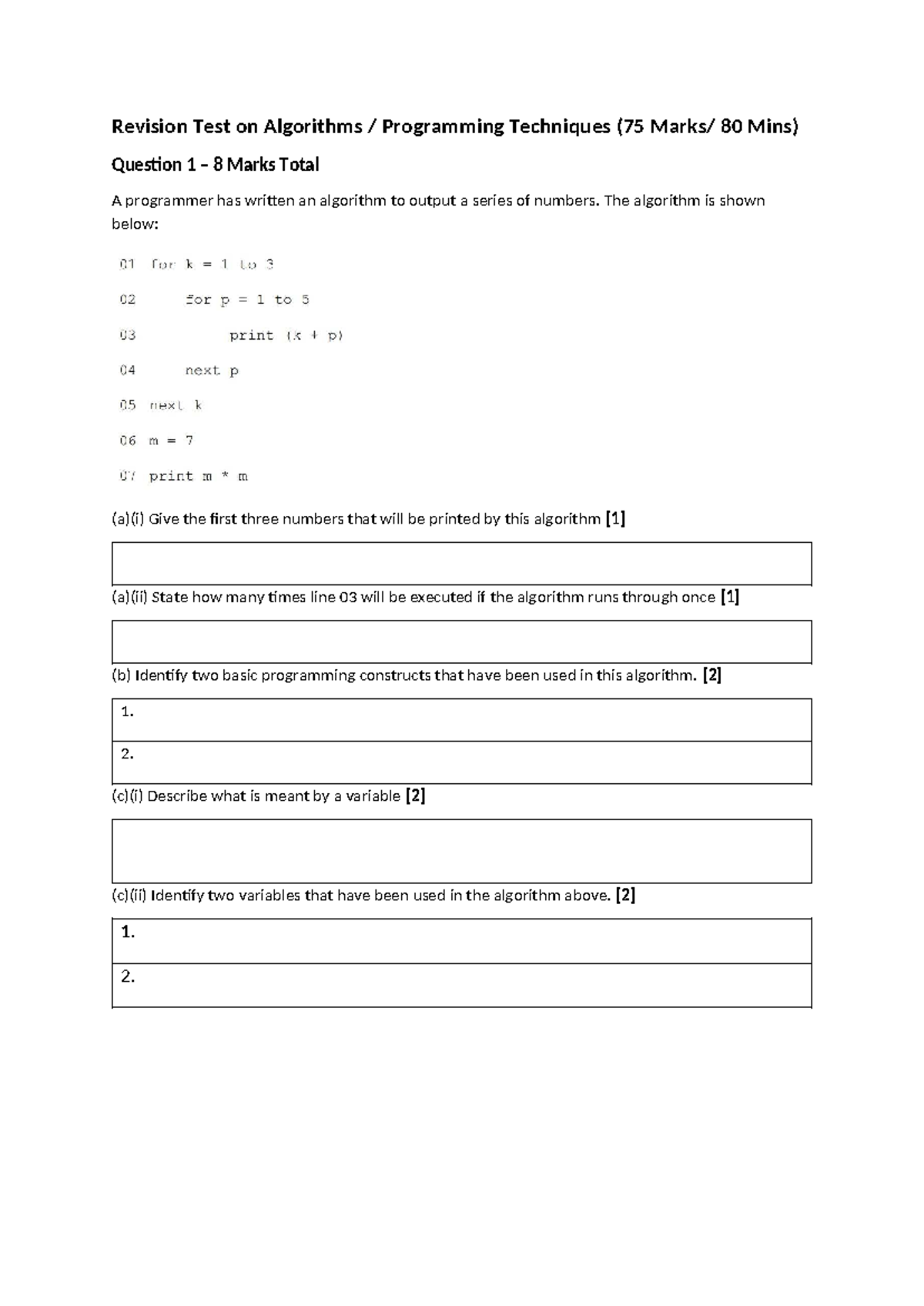 Revision Test on Algorithms & Programming Techniques (202512) - Studocu