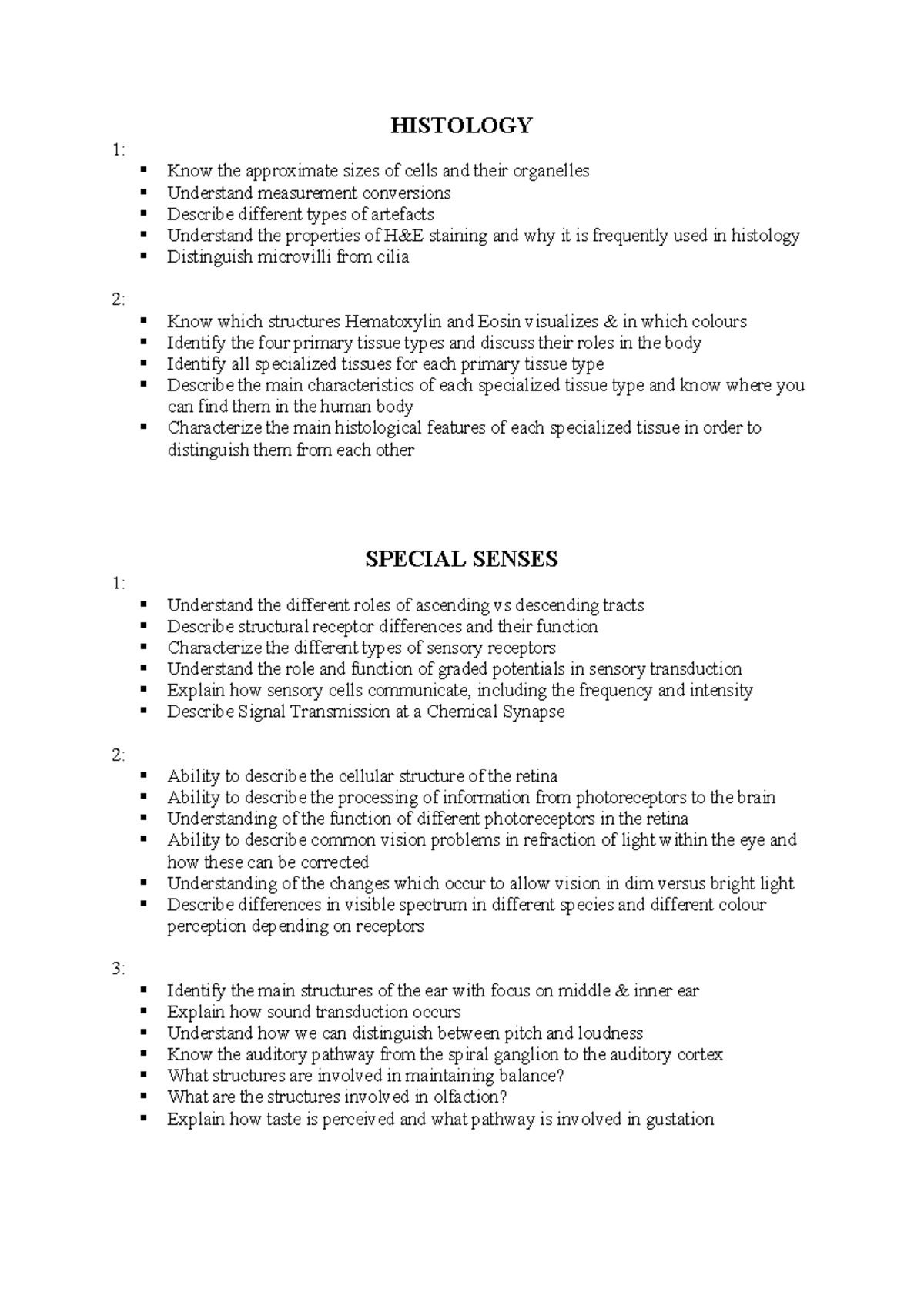 Anatomy Exam Checklist: Histology, Special Senses, Renal & GI Systems ...