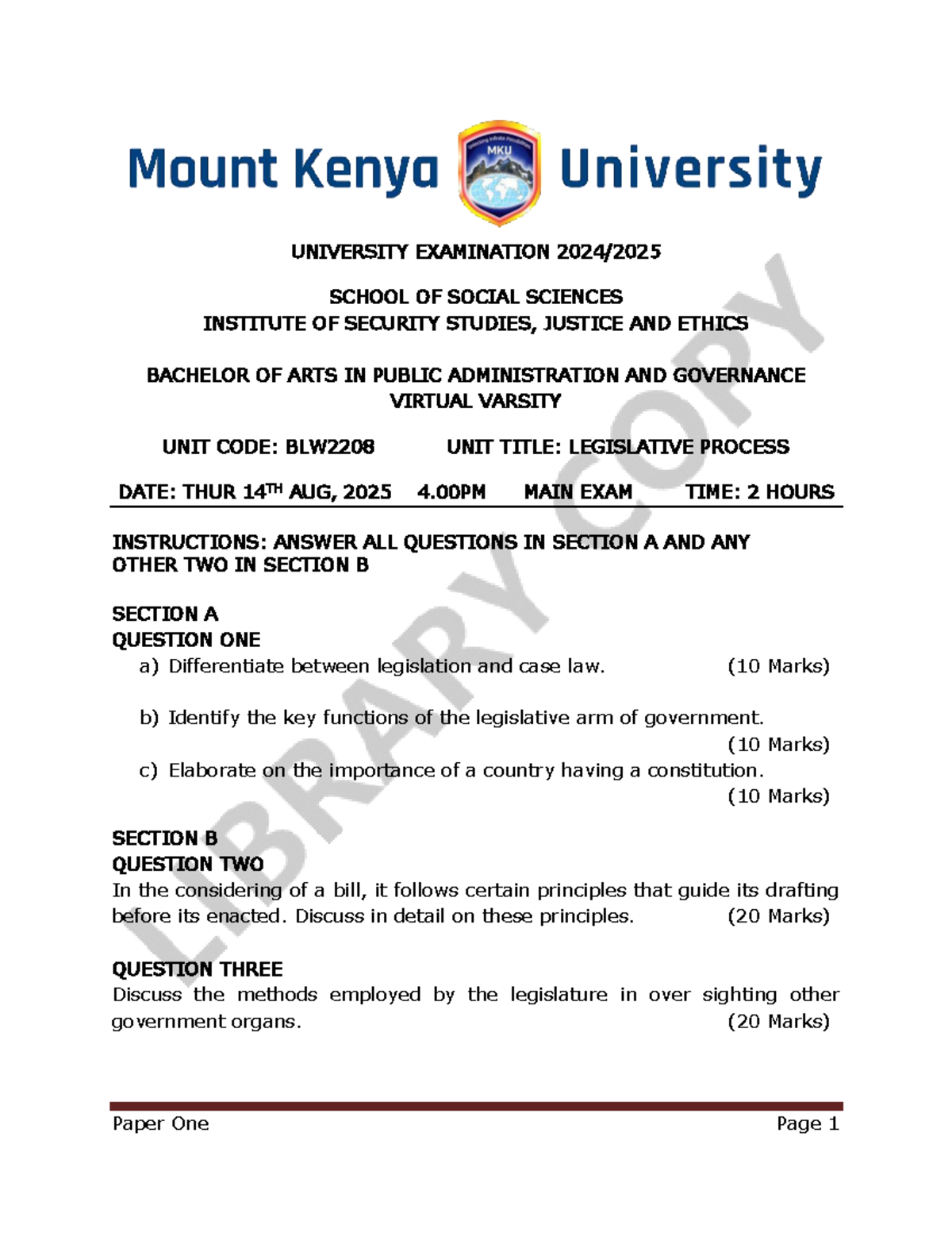 BLW2208 Legislative Process Final Exam Guidelines - Studocu