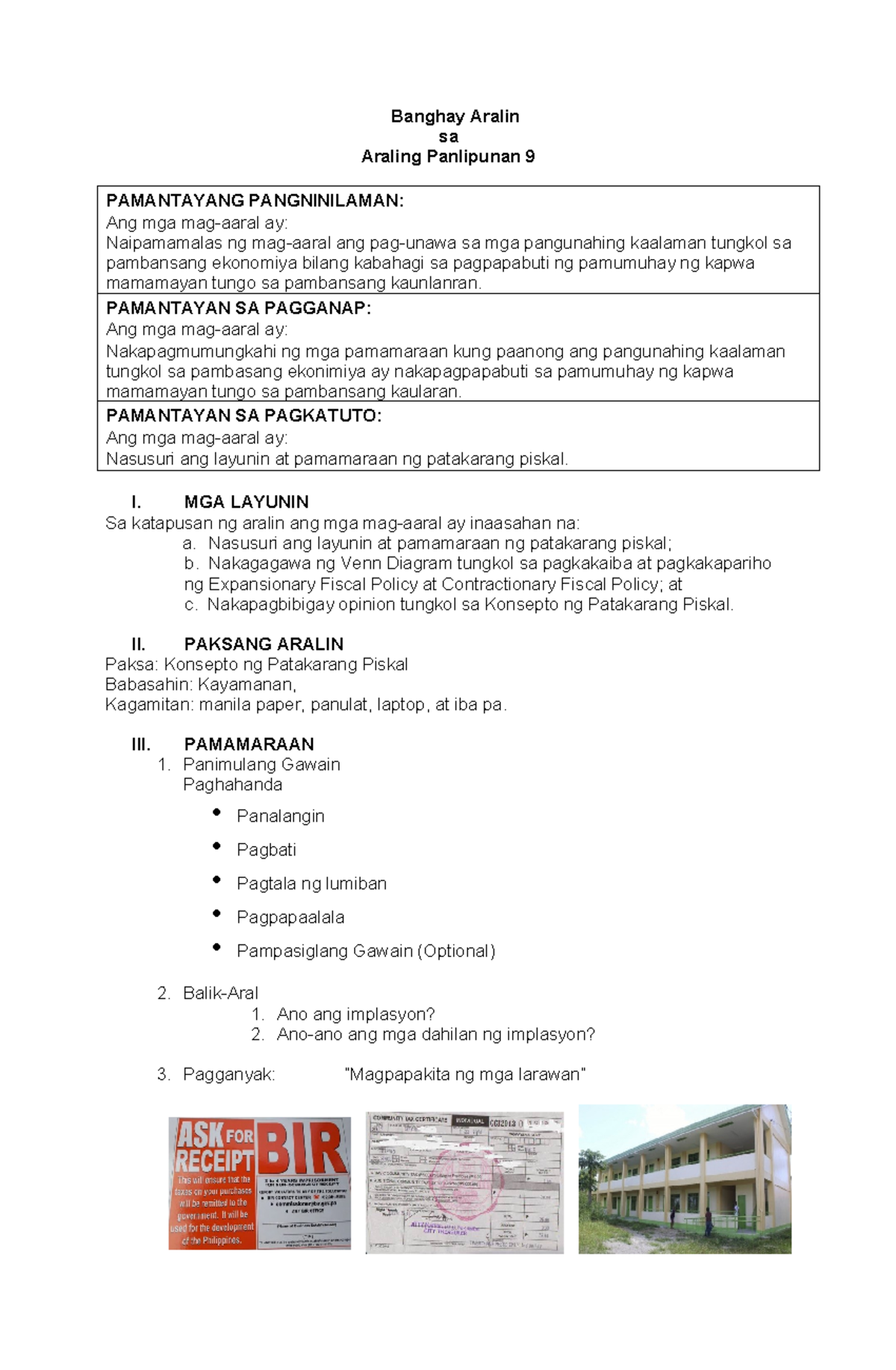 Banghay Aralin sa Araling Panlipunan 9: Patakarang Piskal - Studocu