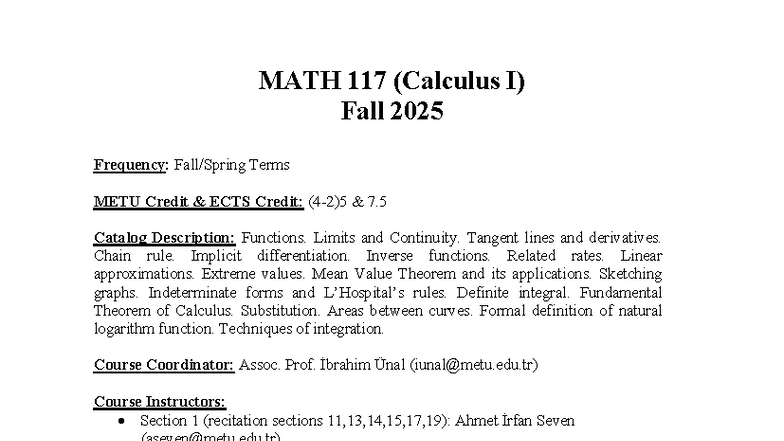 MATH 117 (Calculus I) Fall 2025 Tentative Syllabus and Schedule - Studocu