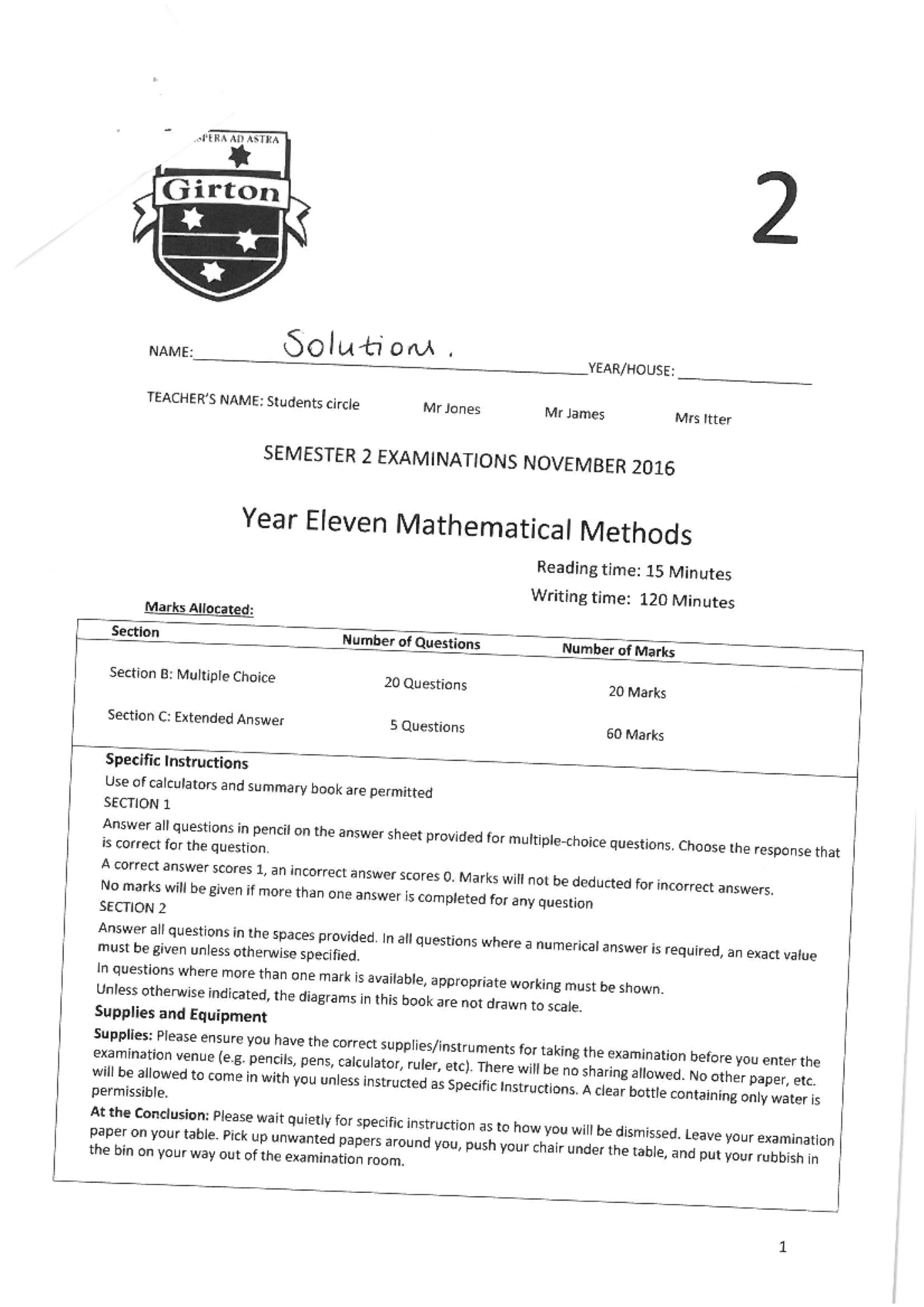 2016 Year 11 Mathematical Methods Exam 2 Solutions - Girton - Studocu