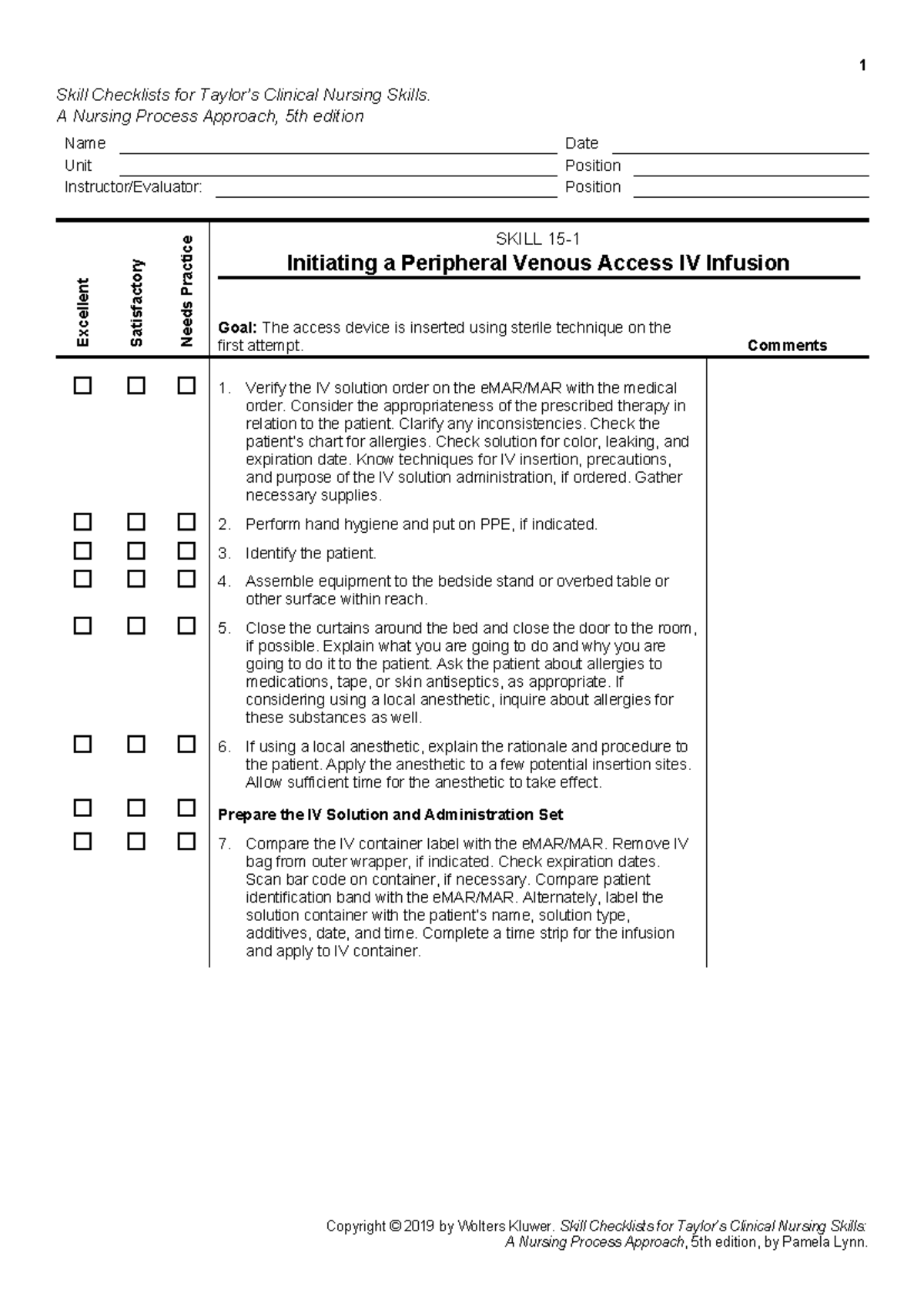 Skill 15-1 IV Check Off - Lecture Notes for Clinical Nursing Skills ...