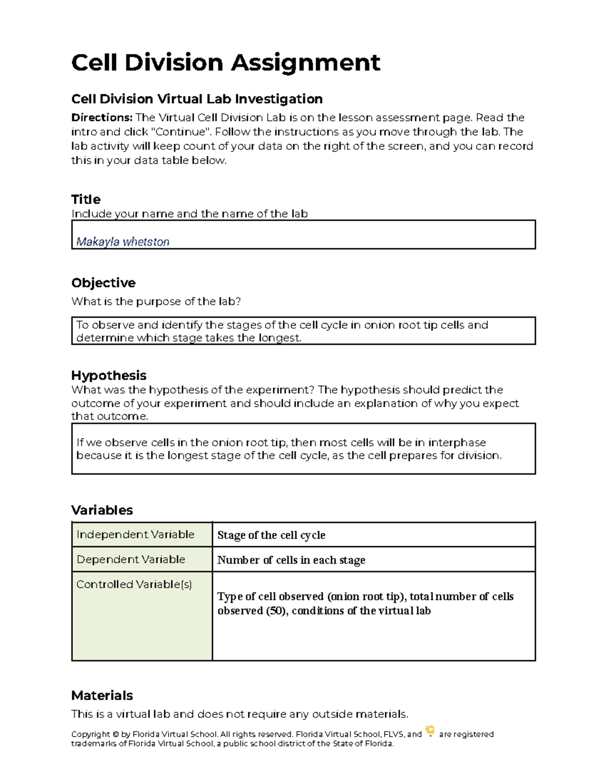 03.01 Cell Division Assignment: Virtual Lab Investigation on Onion ...