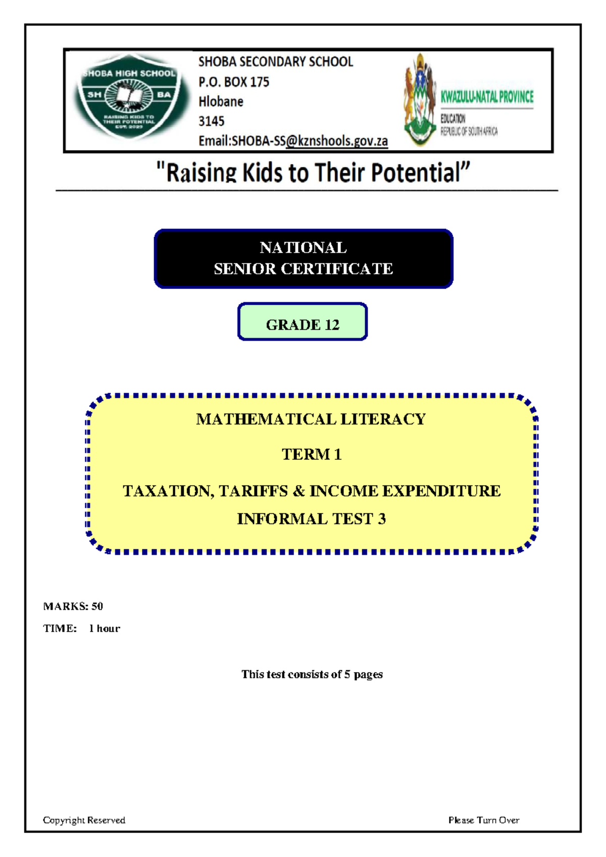 TAXATION, TARIFFS & INCOME EXPENDITURE TEST 3 - GRADE 12 MATH LIT - Studocu