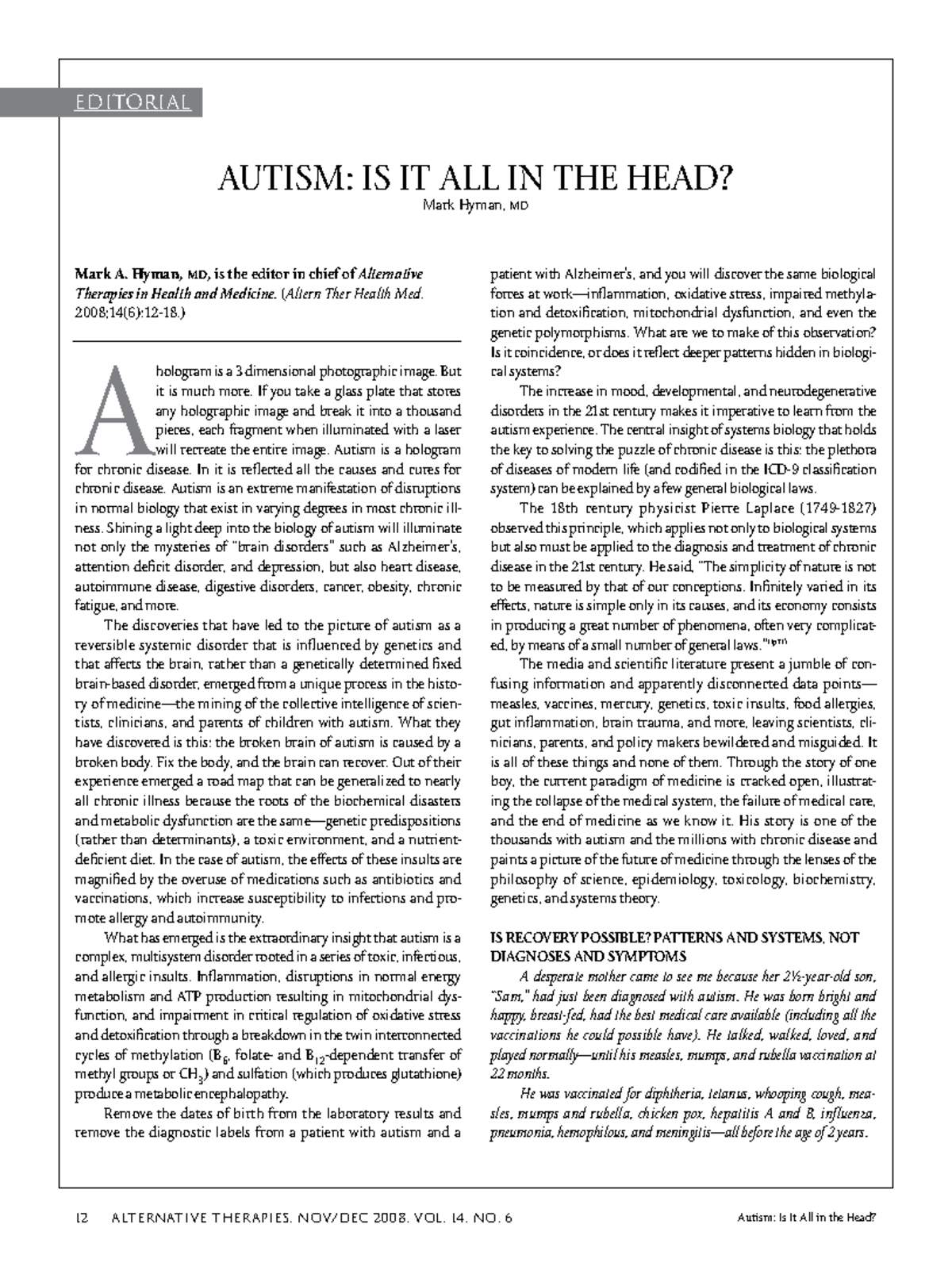 Autism - 12 ALTERNATIVE THERAPIES, nov/dec 2008, VOL. 14, NO. 6 Autism ...