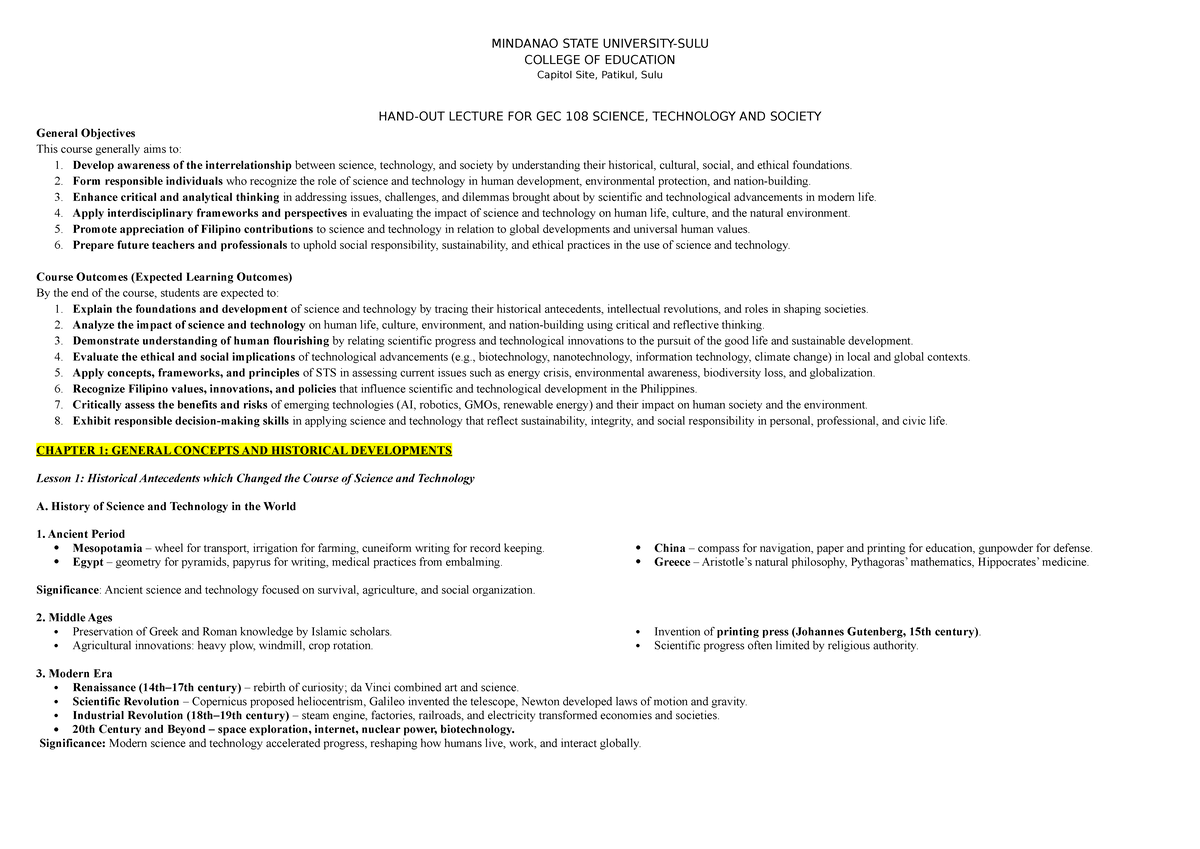 GEC 108 LECTURE NOTES: Science, Technology, and Society Overview - Studocu