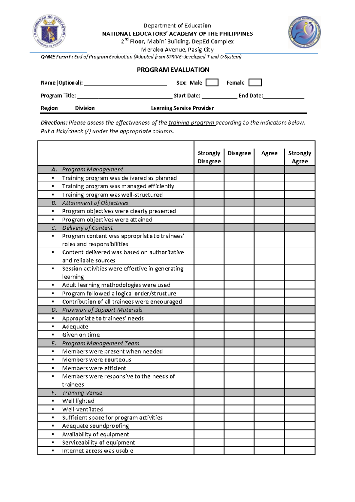 Copy of POST QAME FORM F - Evaluation sheet used for teacher's seminar ...