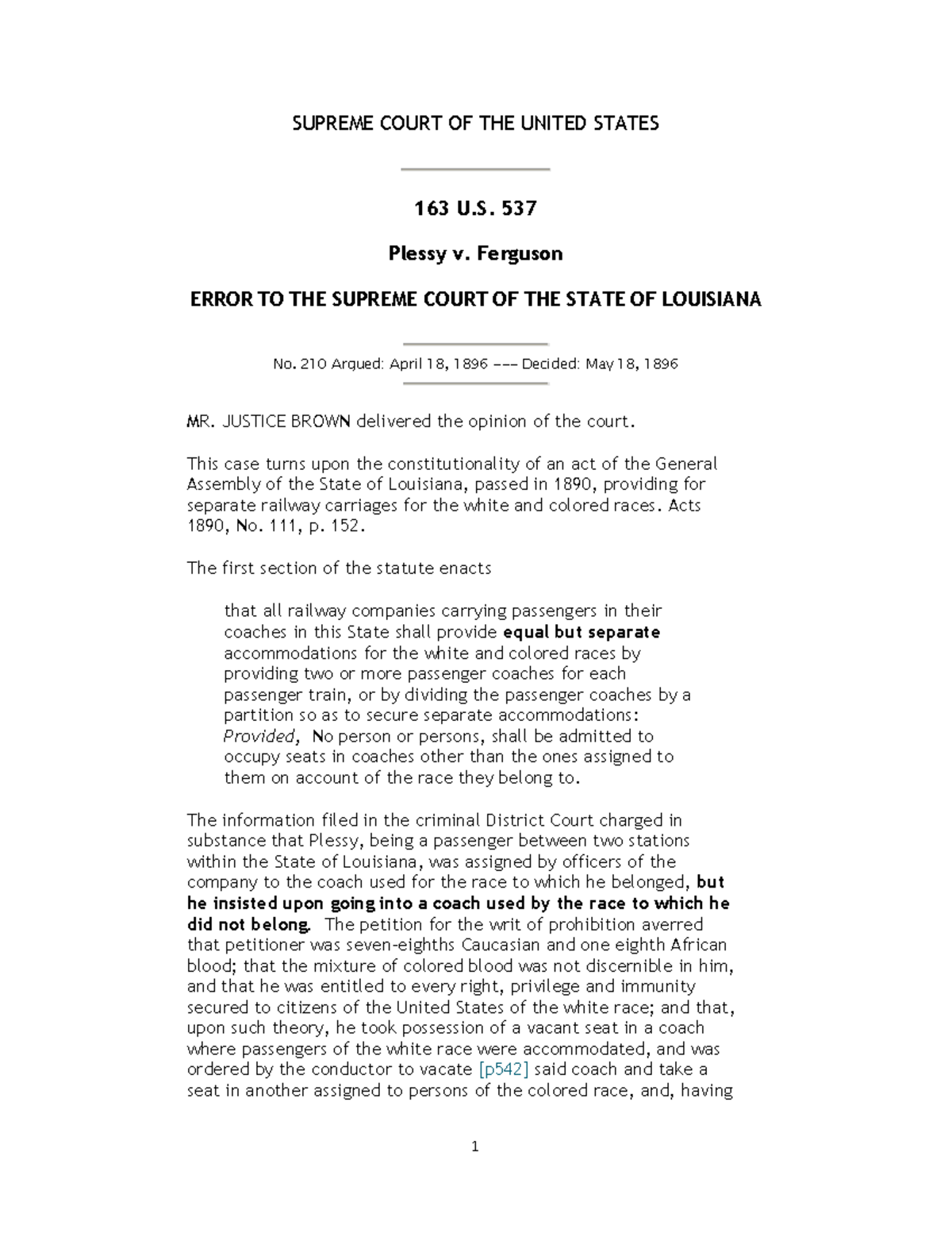 Plessy v. Ferguson Case Study: Supreme Court Decision Analysis 163 U.S ...