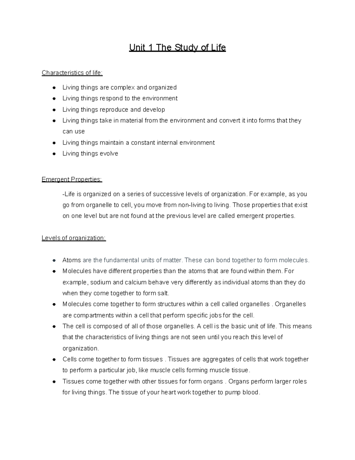 Bio LEcture Notes - Google Docs - ####### Unit 1 The Study of Life ...