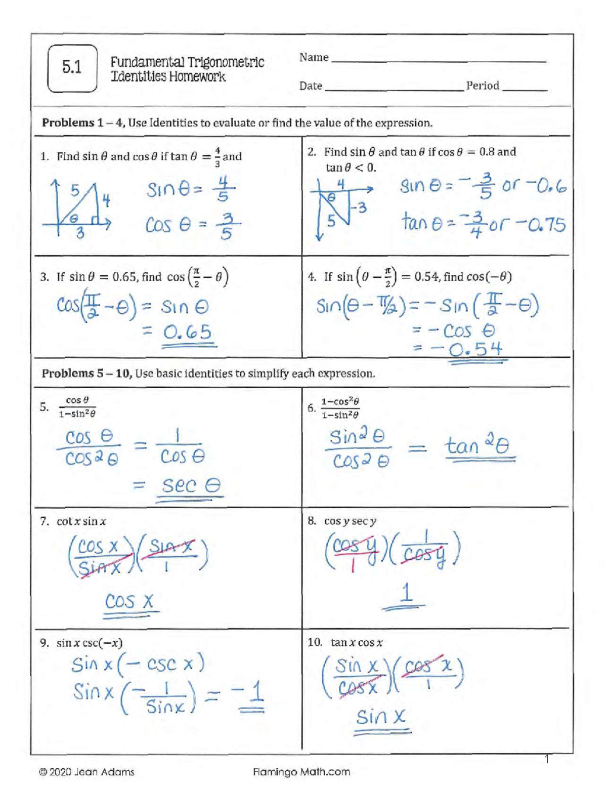 5.1 fundamental trigonometric identities homework - 51 Fundamental ...