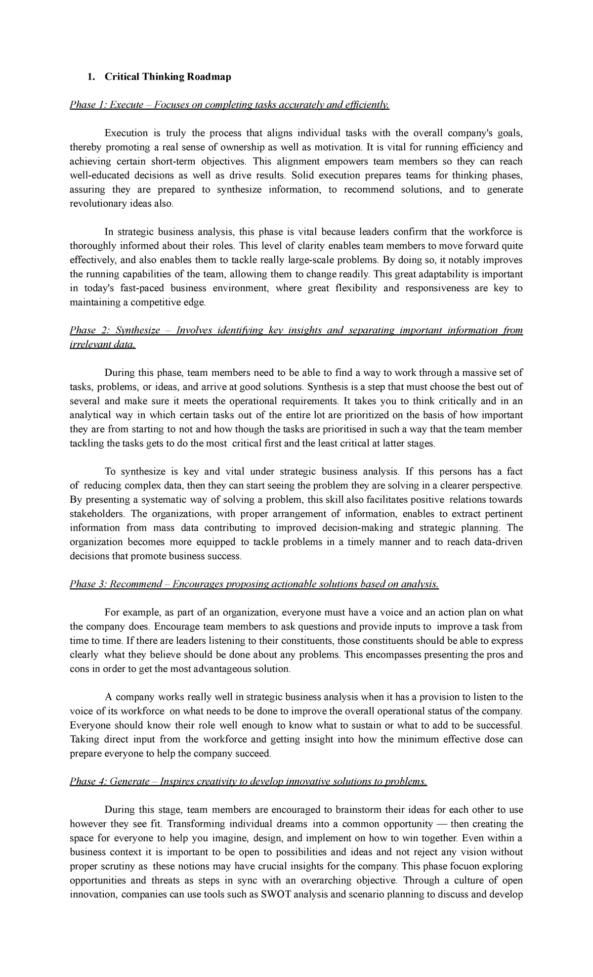 Critical Thinking Roadmap: Phases of Strategic Business Analysis - Studocu