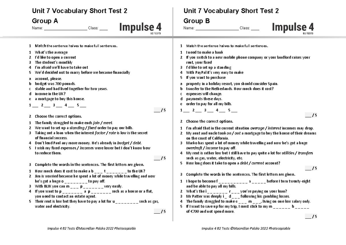 Unit 7 Vocabulary Short Test 2: Group A & B Review - Studocu