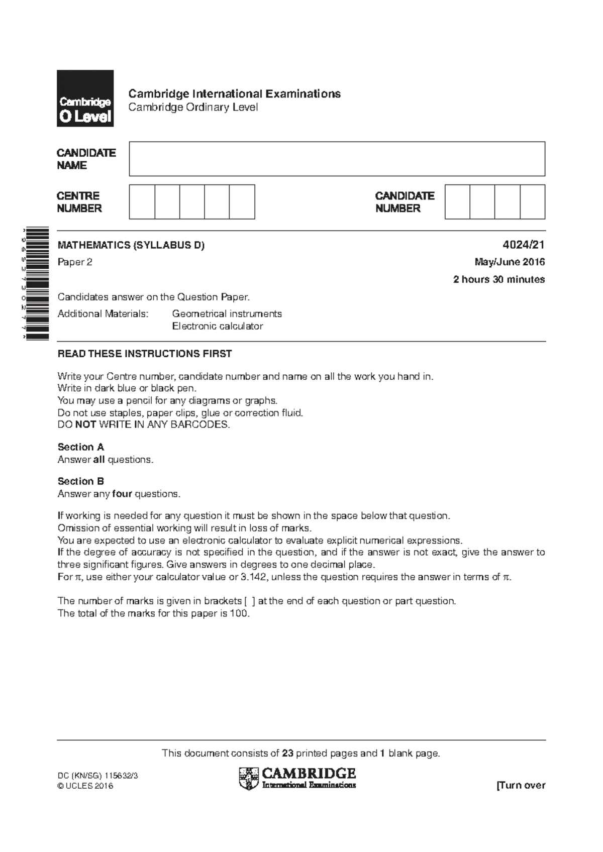 Cambridge O Level 4024/12 Mathematics (Syllabus D) 2022 Paper 1 Exam ...