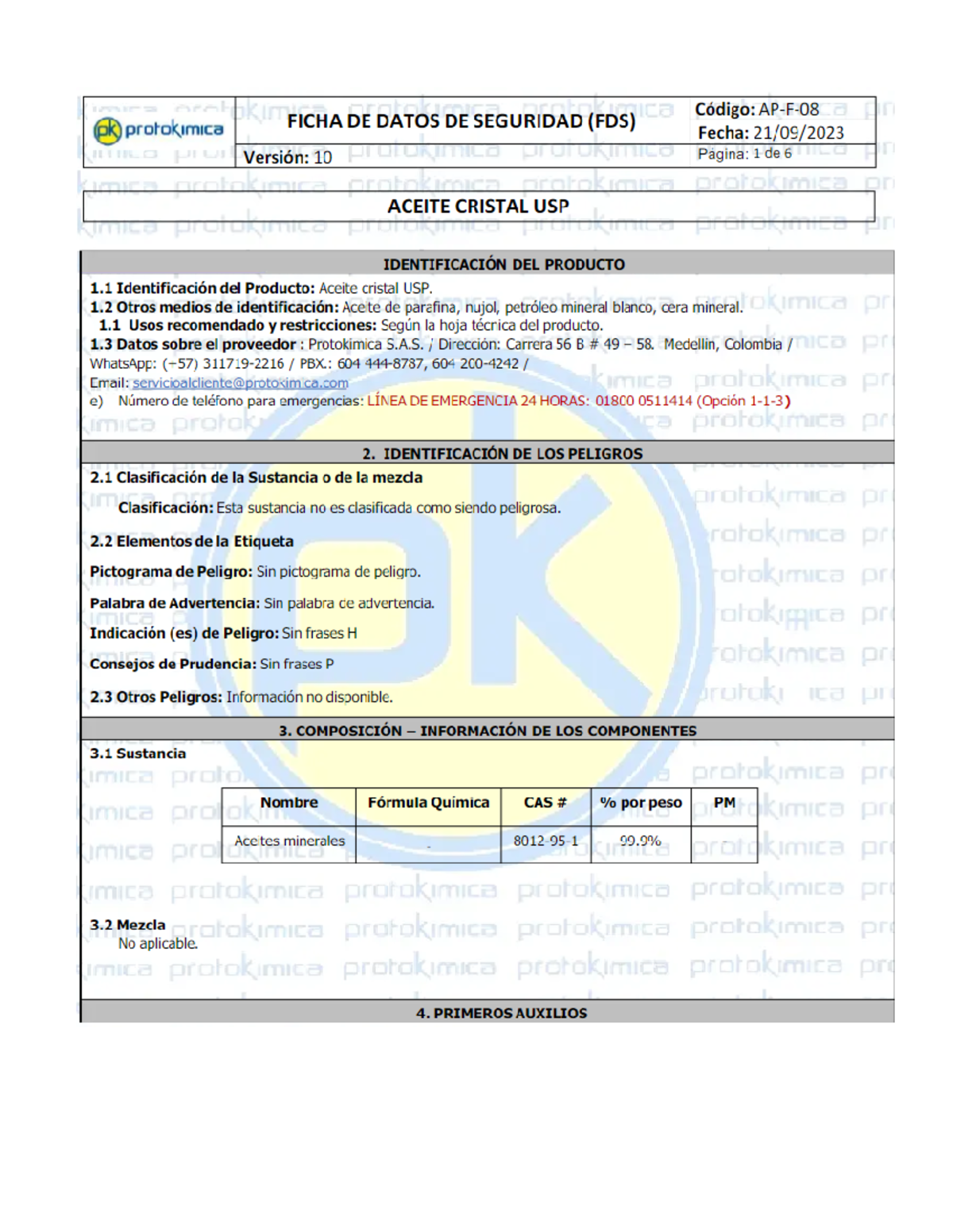 Aceite Cristal USP - xxx - Código: pk protokimica FICHA DE DATOS DE ...