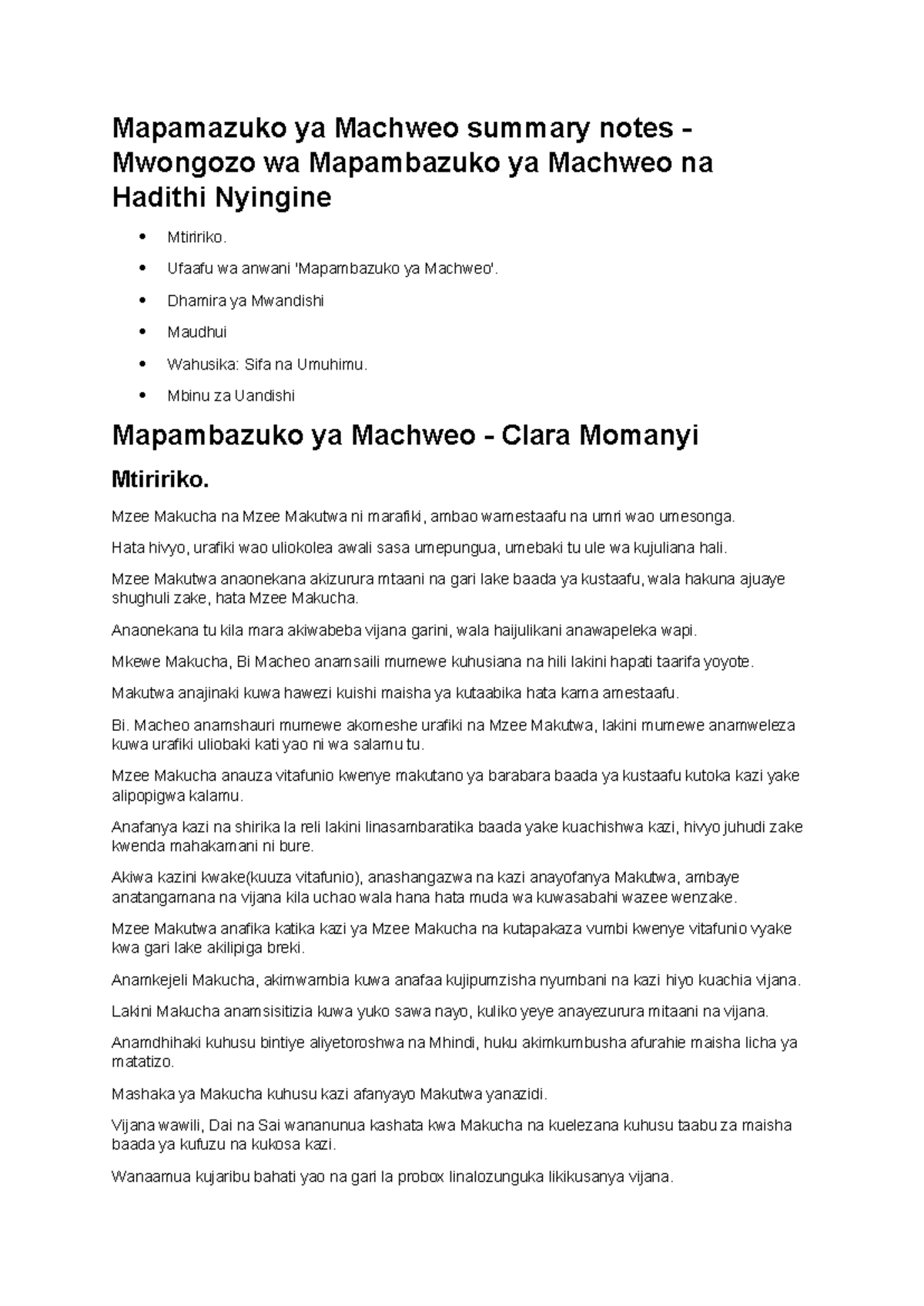 Mapambazuko ya Machweo: Muhtasari wa Hadithi na Wahusika - Studocu