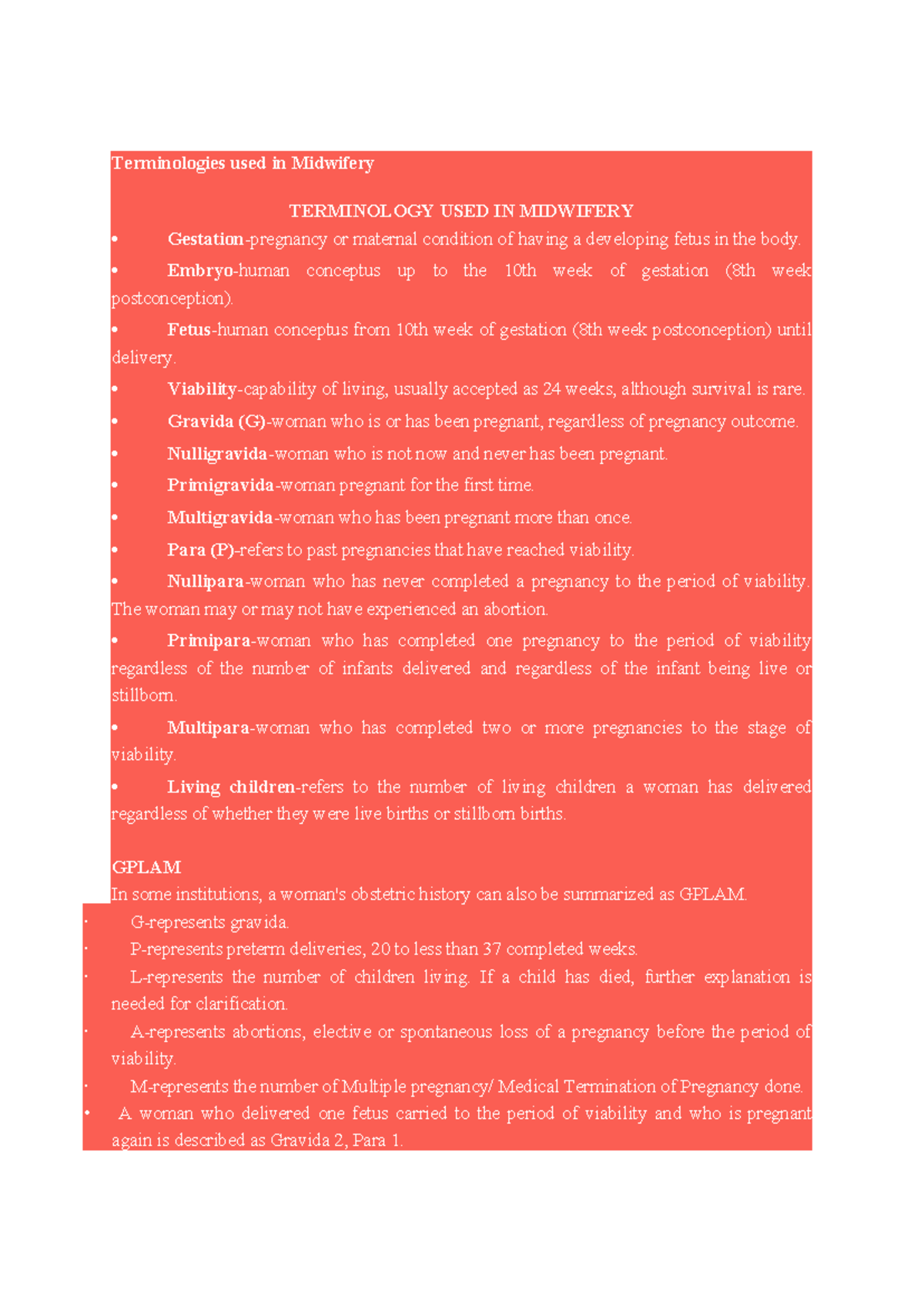 Midwifery Terminology Overview: Key Terms and Definitions - Studocu