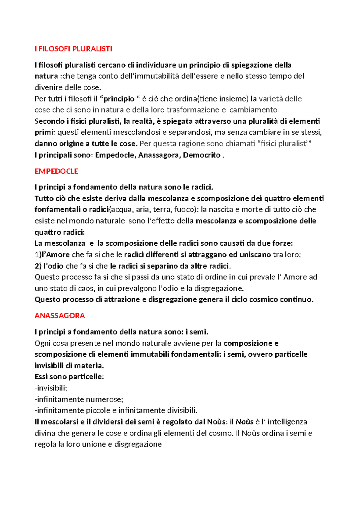 I FILOSOFI PLURALISTI: Concetti Fondamentali e Sofisti - Studocu