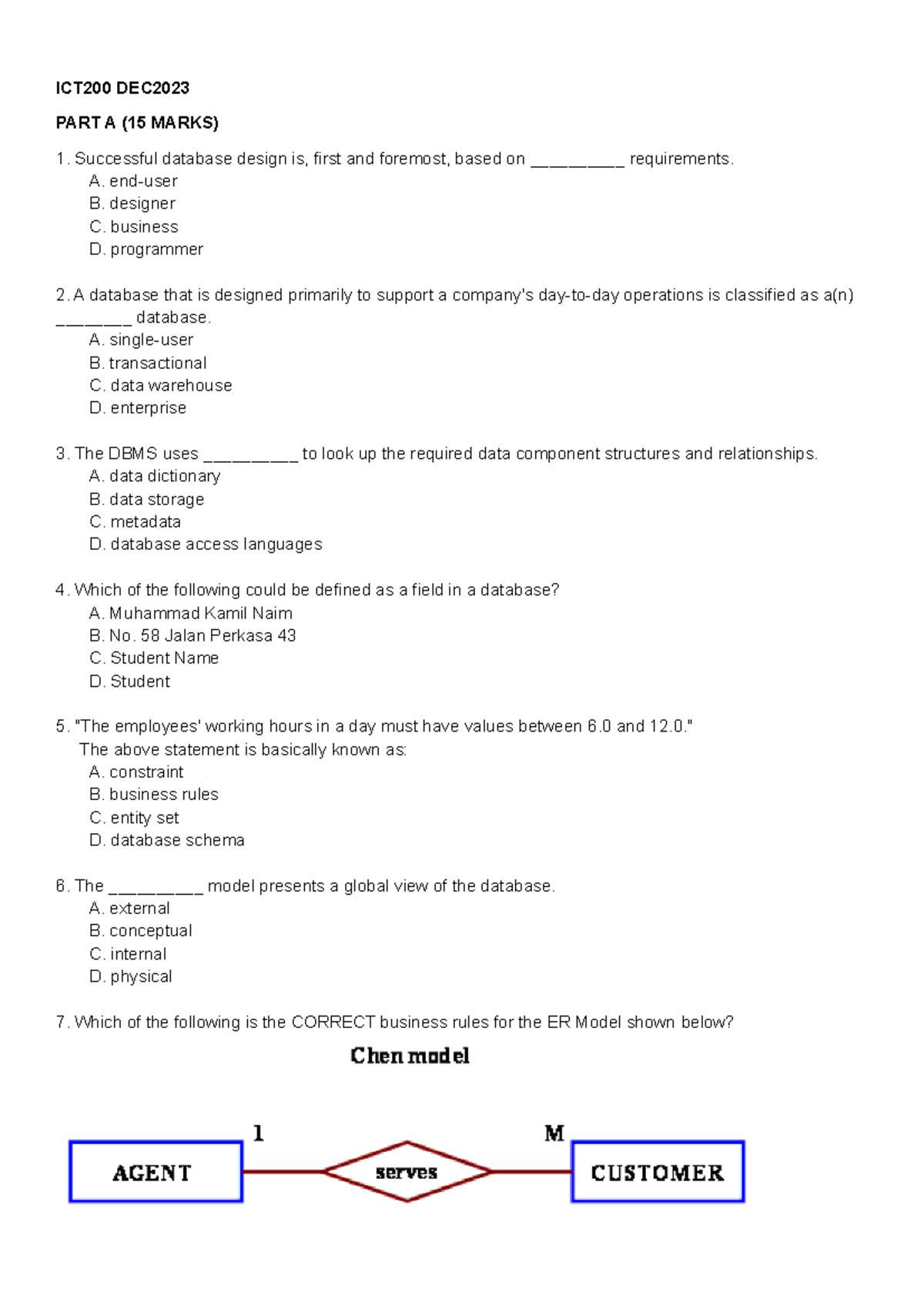 ICT200 DEC2023 Final Exam Database Design and ERD Analysis - Studocu