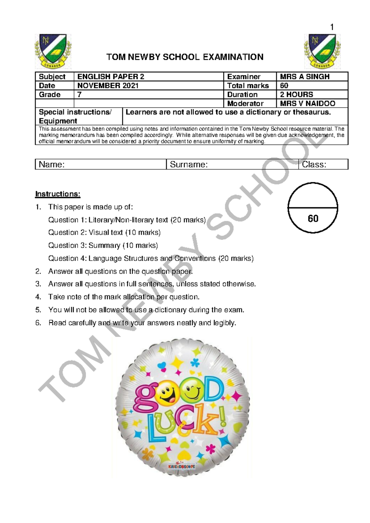 Grade 7 English Exam November 2021 - Tom Newby School - Studocu