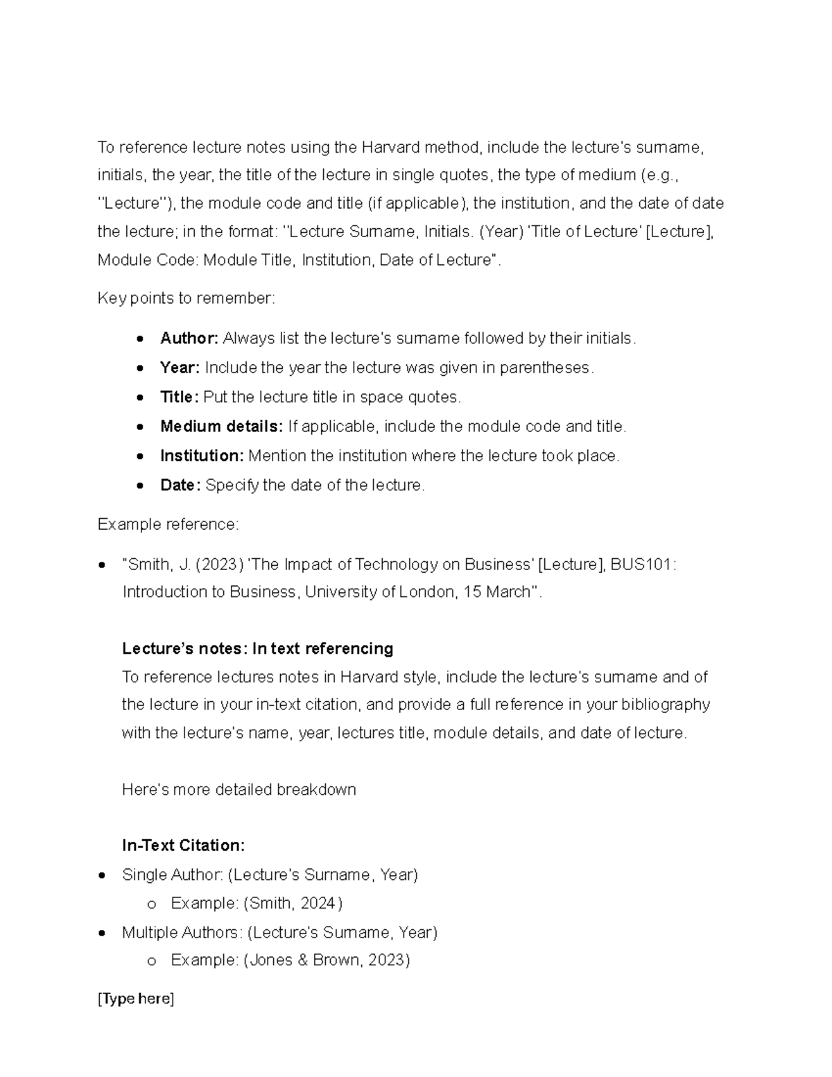 Lecturer's Notes Referencing Notes. Google - [Type here] To reference ...