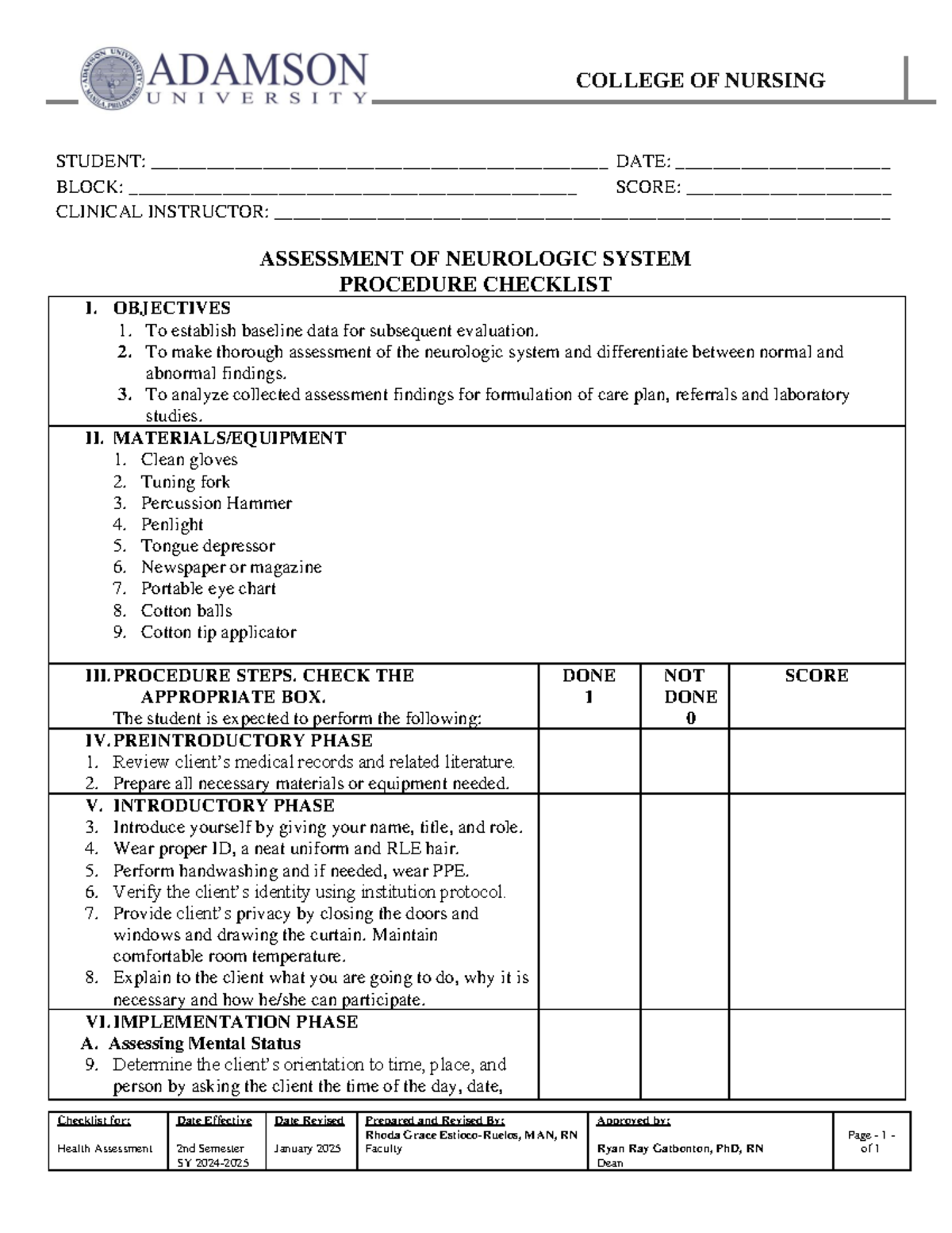 Assessing Neurologic System: Clinical Procedure Checklist for Health ...