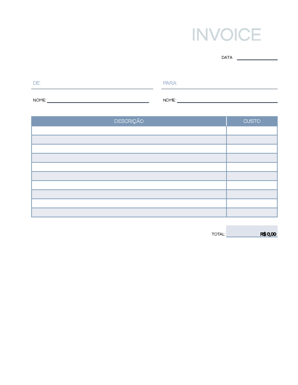 Template Básico de Invoice.xlsx - Invoice - Estrutura De Concreto II - DATA DE: PARA: NOME: NOME ...