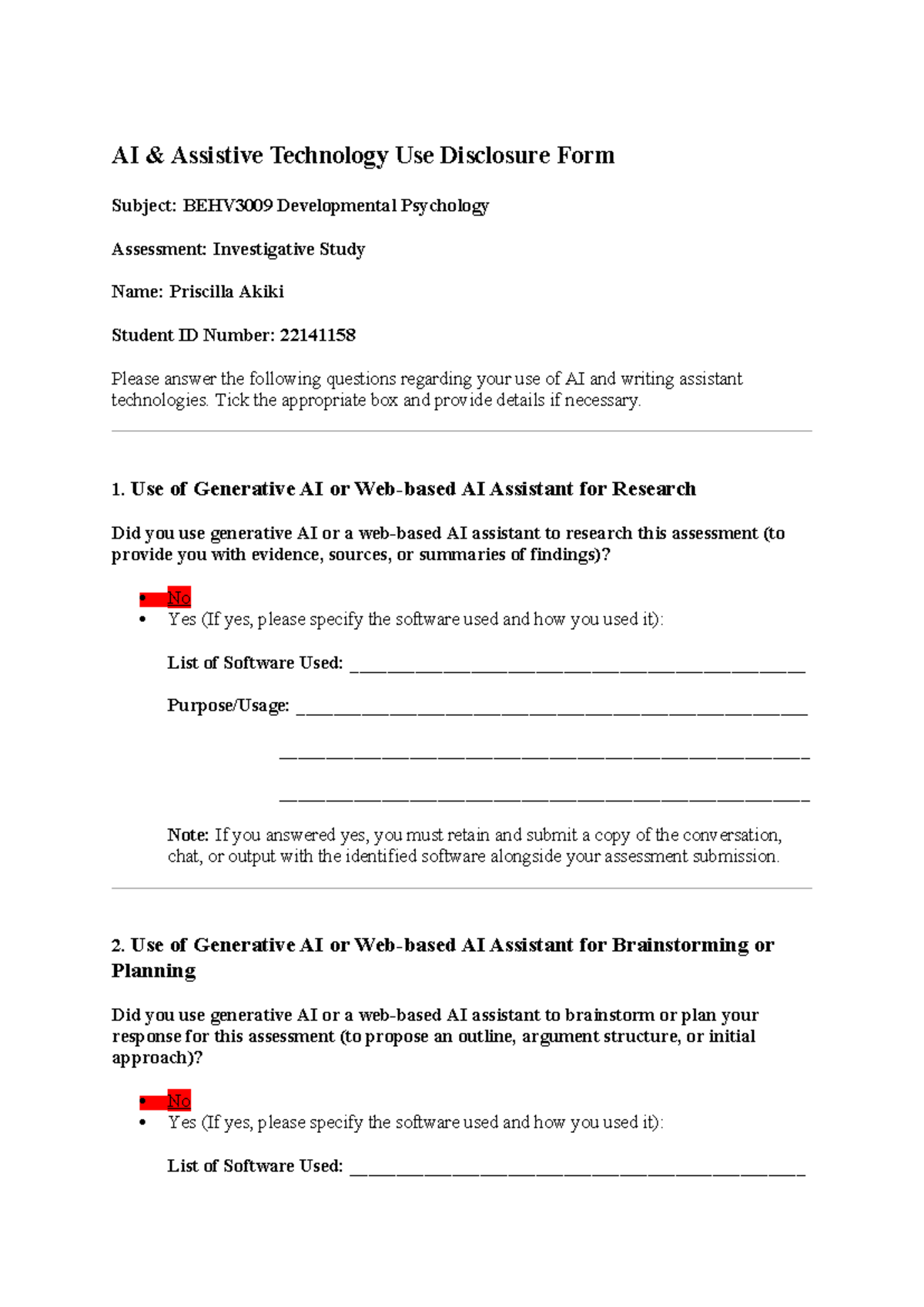 AI Use Checklist for BEHV3009 Developmental Psychology Assessment - Studocu