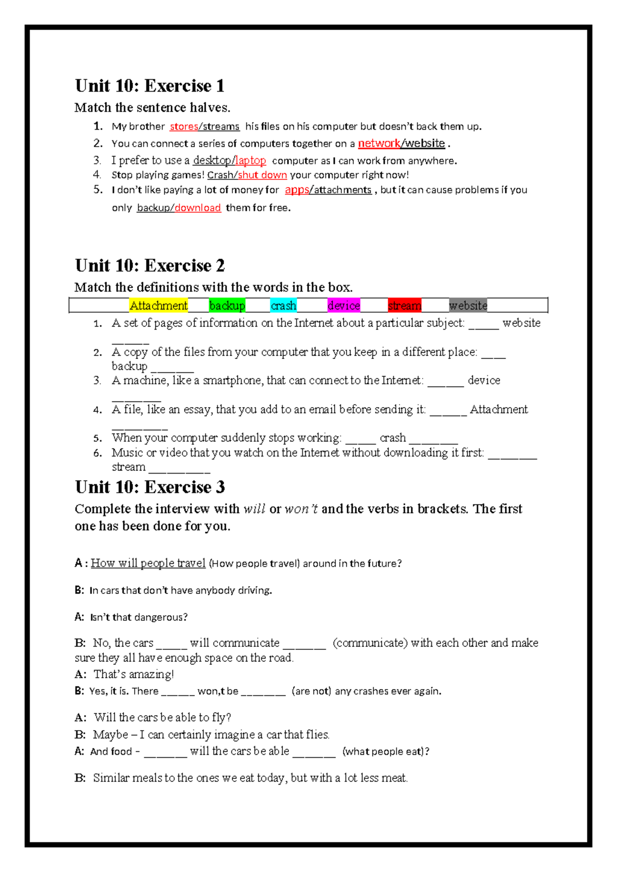 Unit 10: Grammar & Vocabulary Exercises and Activities - Studocu