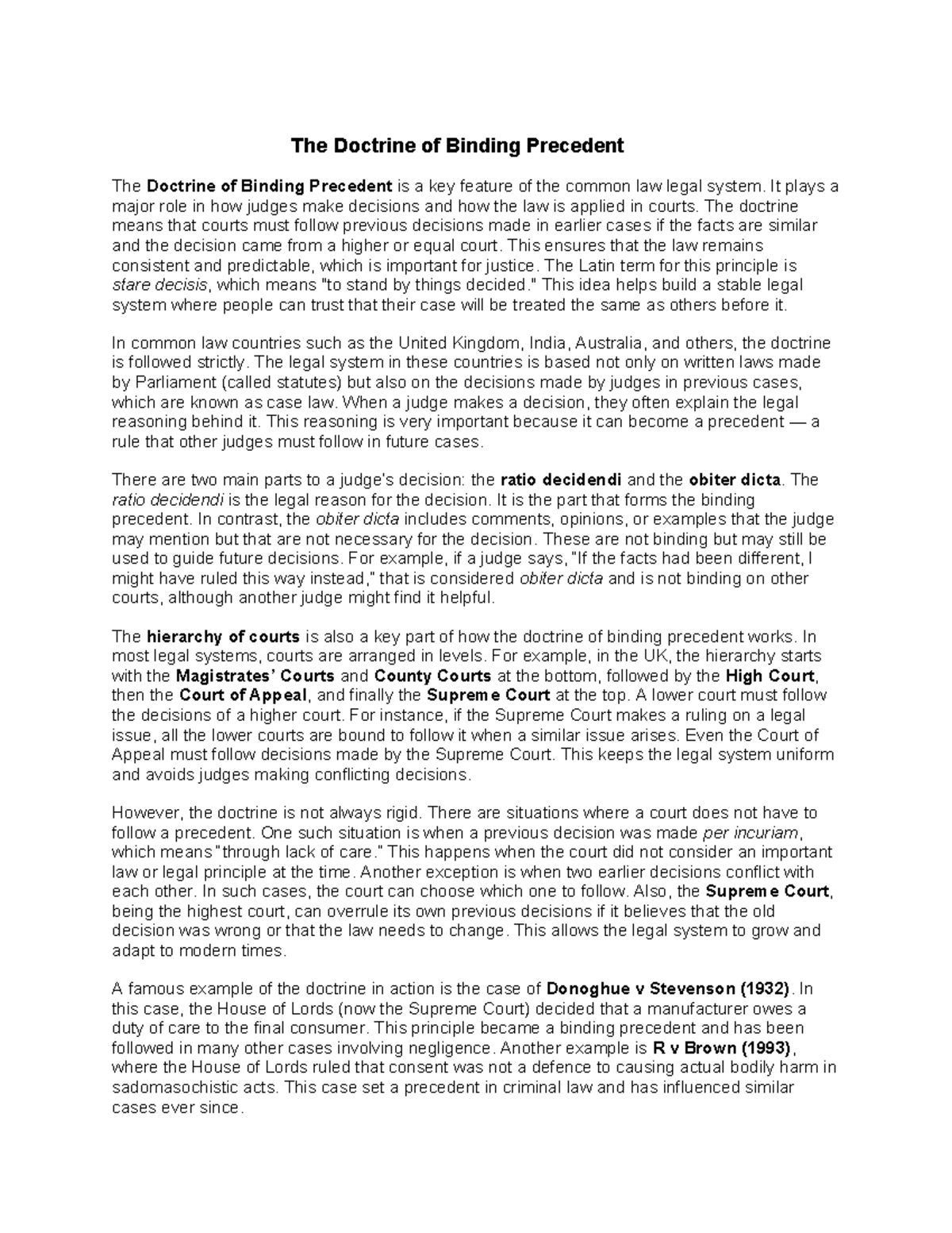 Essay on The Doctrine of Binding Precedent (LAW 101) - Studocu