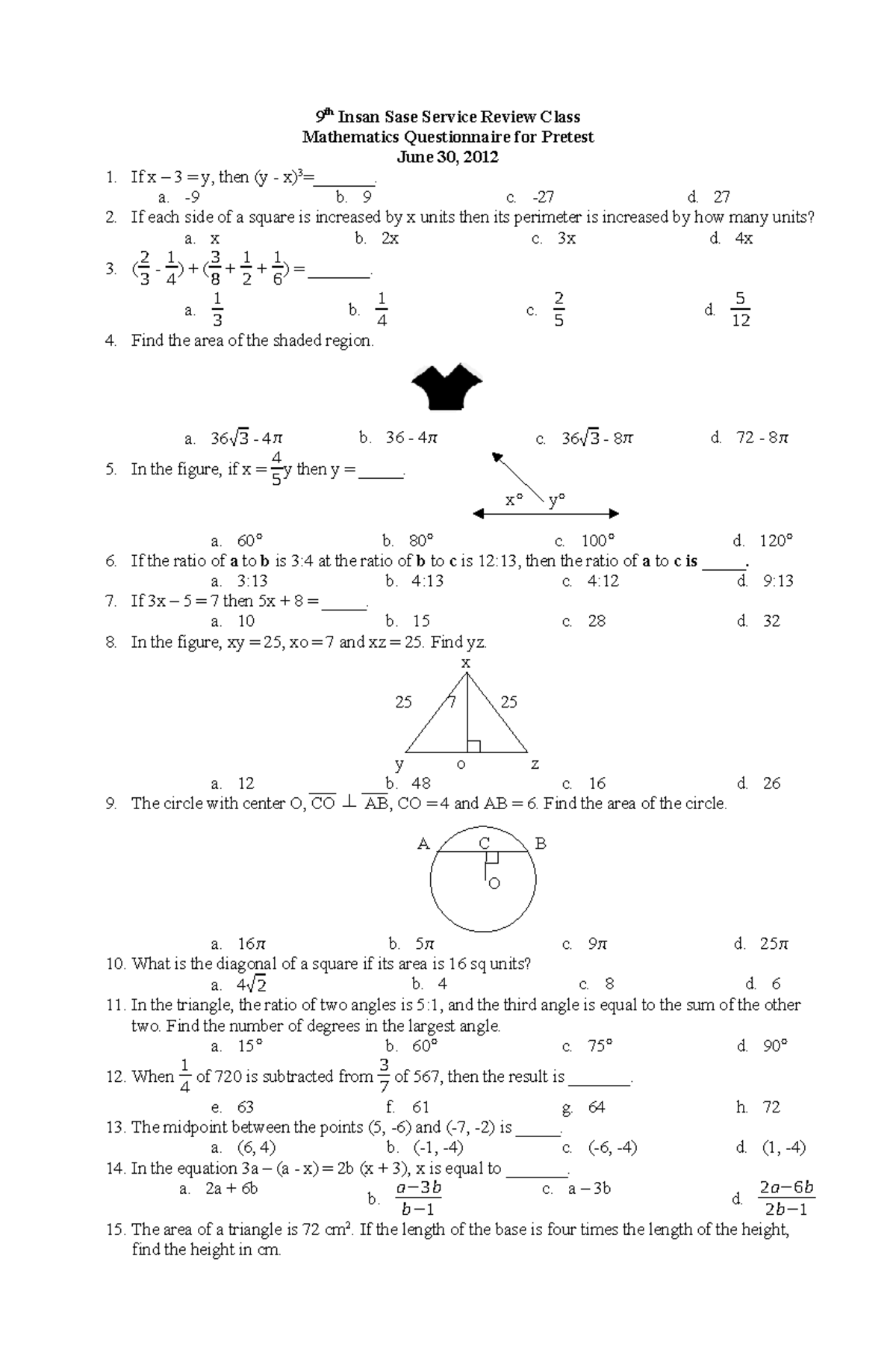 MATH-Pre-Test: 9th Insan Sase Service Review Math Questionnaire - Studocu