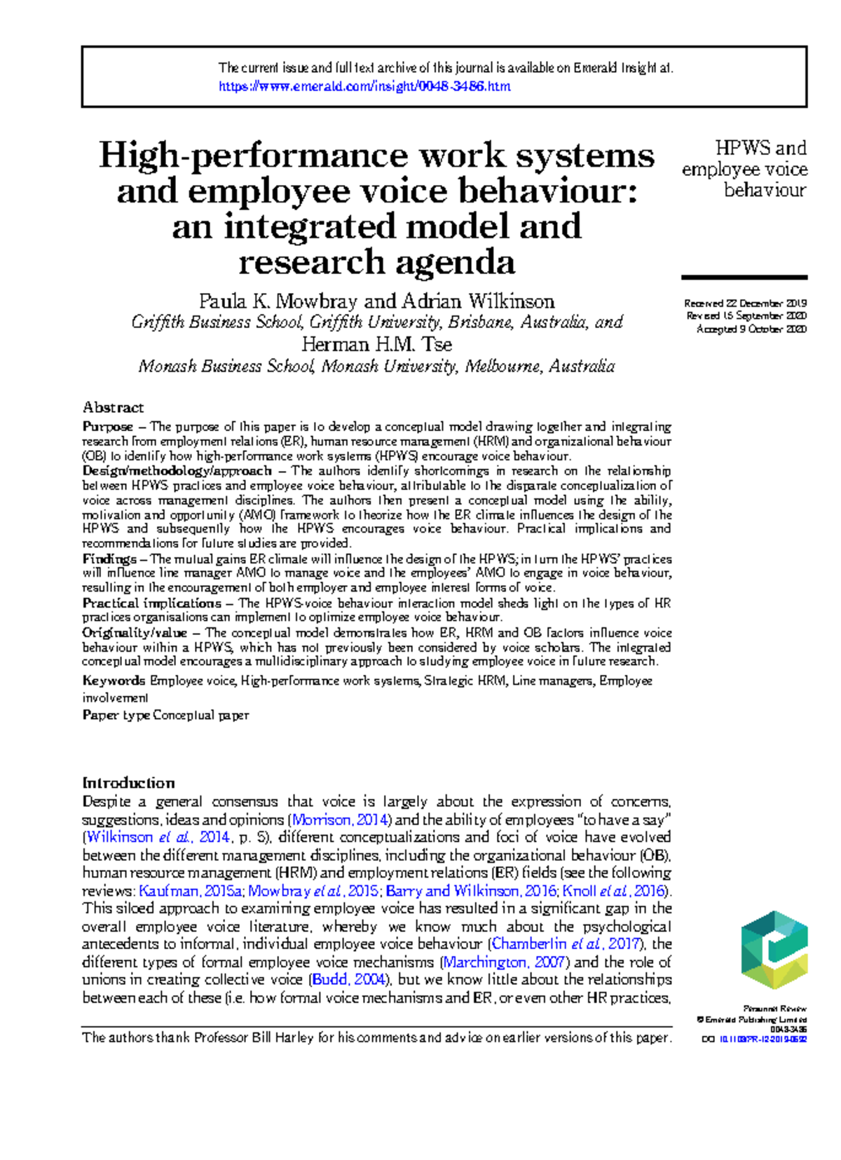 Integrating HPWS and Employee Voice Behaviour: A Conceptual Model - Studocu