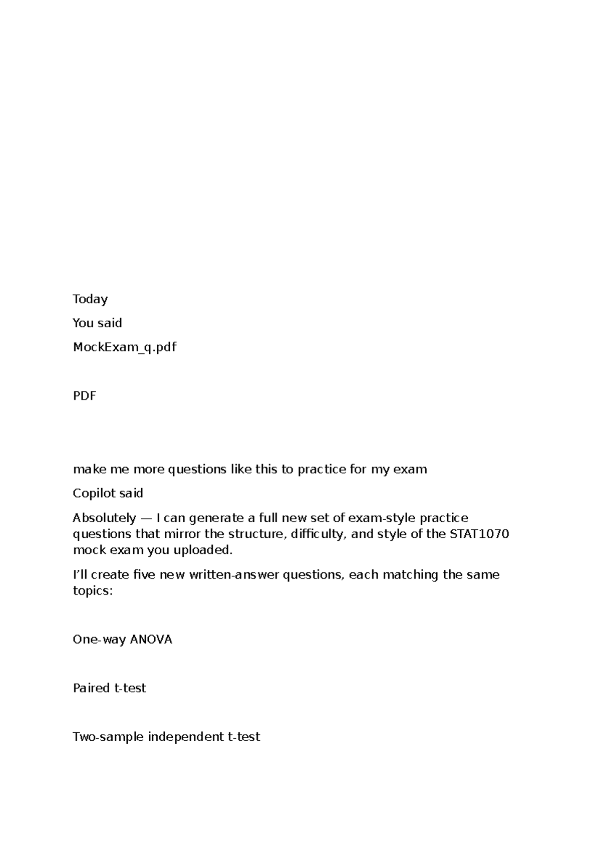 STAT1070 Mock Exam Practice Questions: ANOVA, Regression & Tests - Studocu