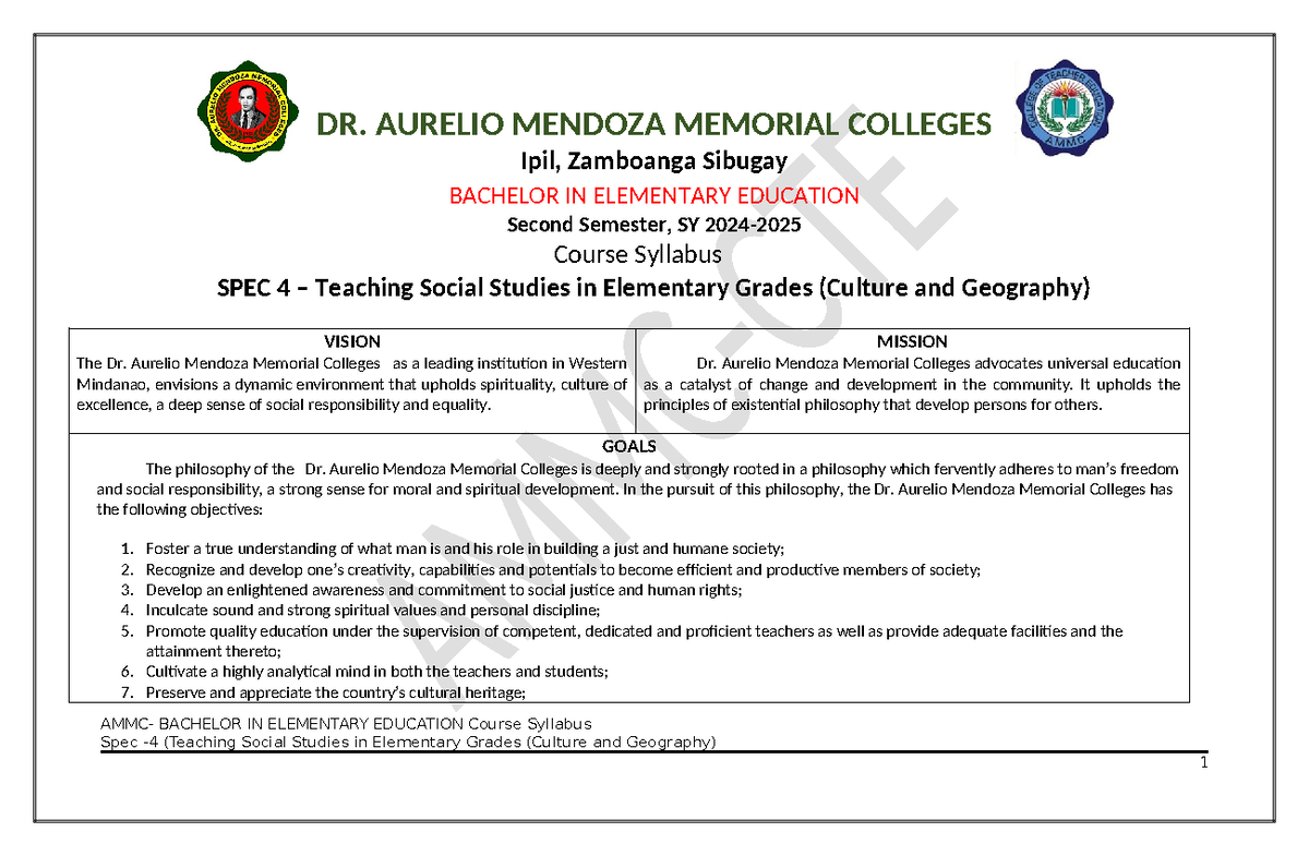 AMMC-BEED Spec 4 Syllabus: Teaching Social Studies in Elementary Grades ...