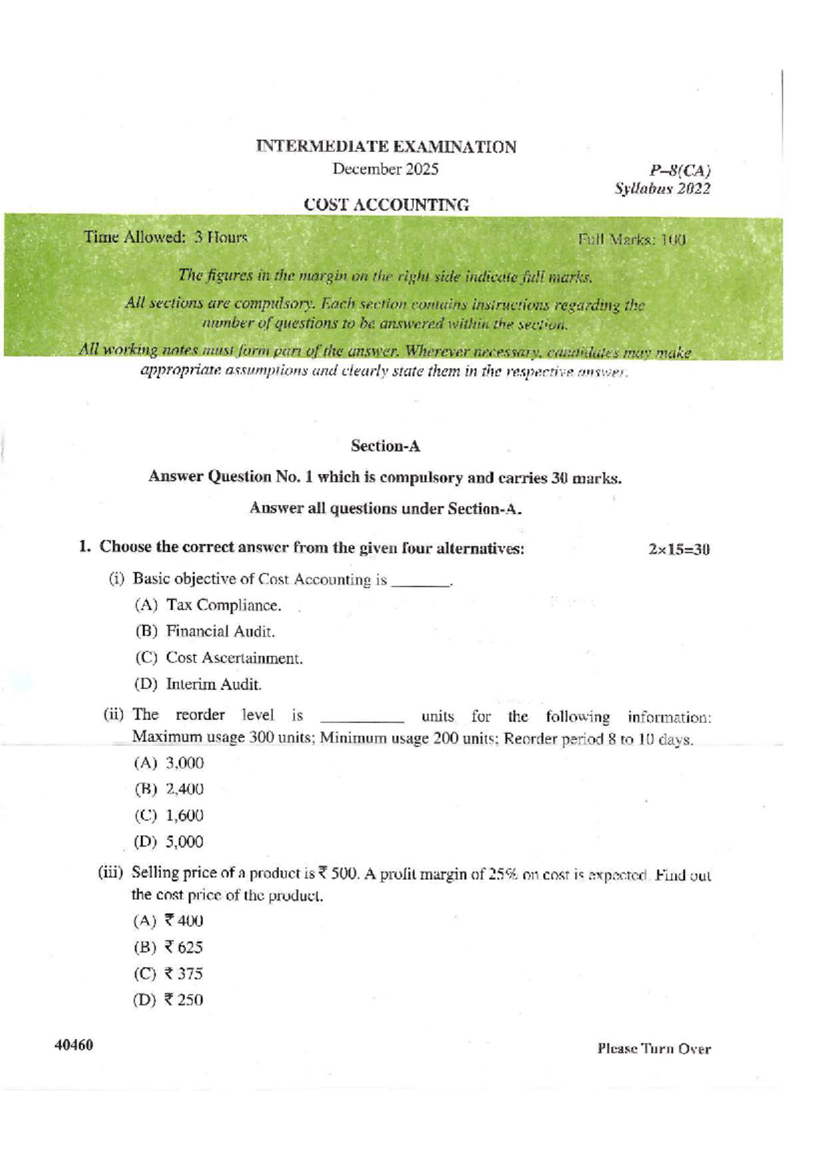 CA CMA Inter Dec 2025: Cost Accounting Intermediate Exam Paper - Studocu