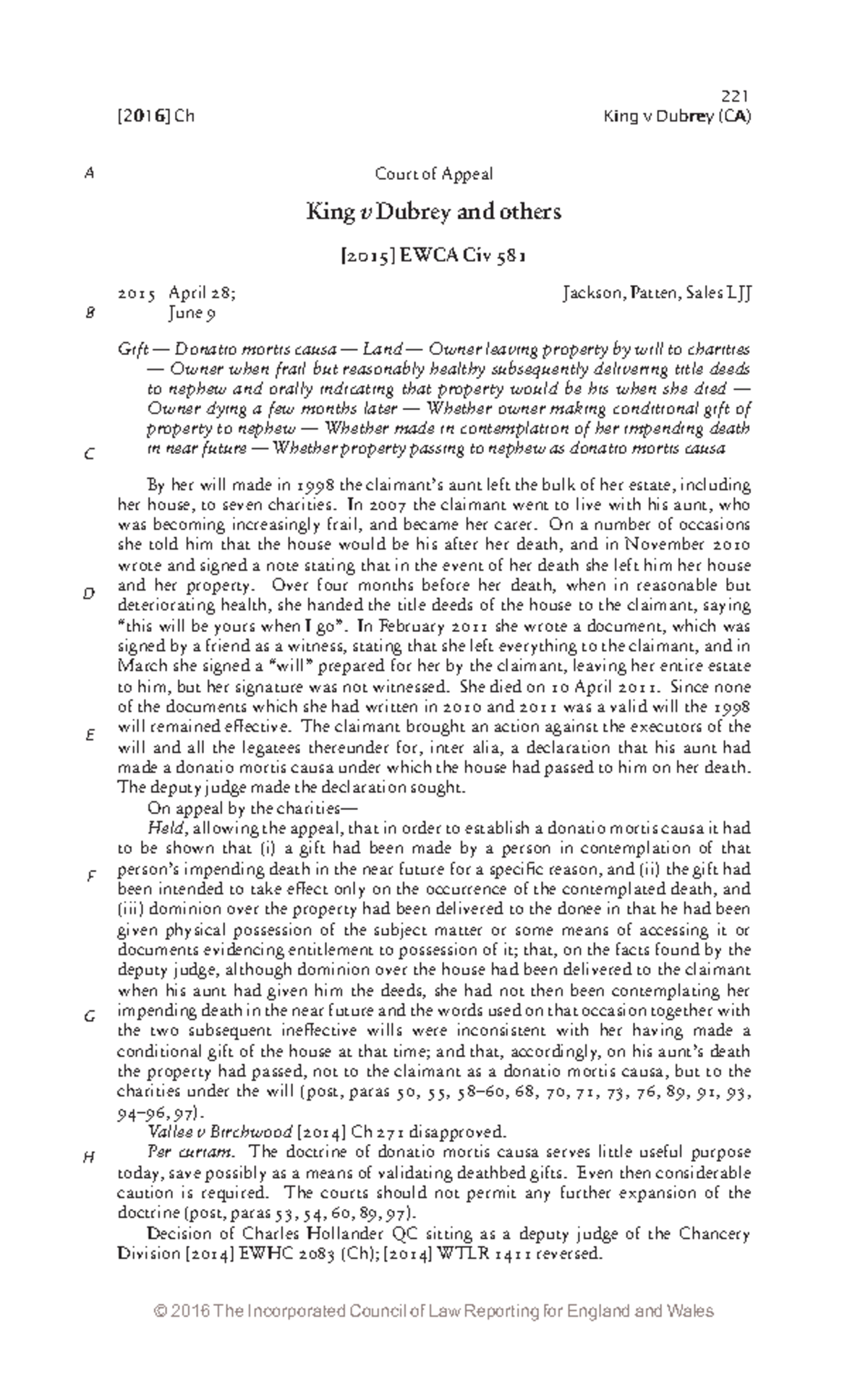 King v Dubrey (CA) [2015] - Analysis of Donatio Mortis Causa and Appeal ...